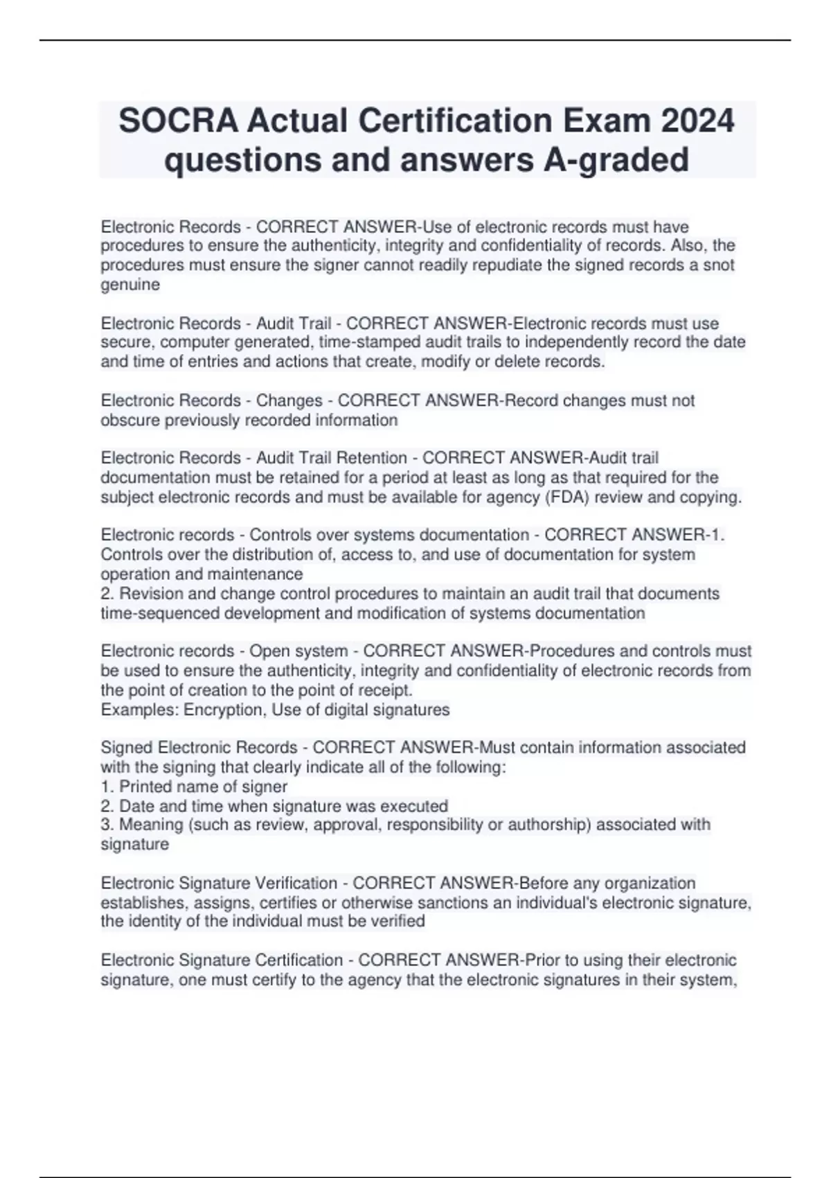 SOCRA Actual Certification Exam 2024 questions and answers A-graded ...