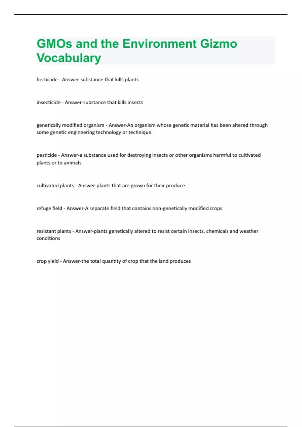 GMOs and the Environment Gizmo Vocabulary Questions Perfectly Answered ...