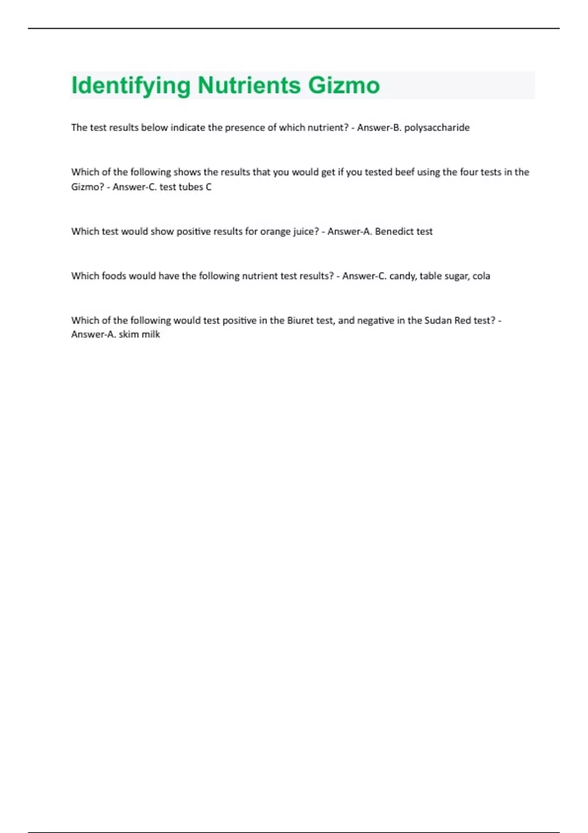 Identifying Nutrients Gizmo Questions With 100% Correct!! - Identifying ...