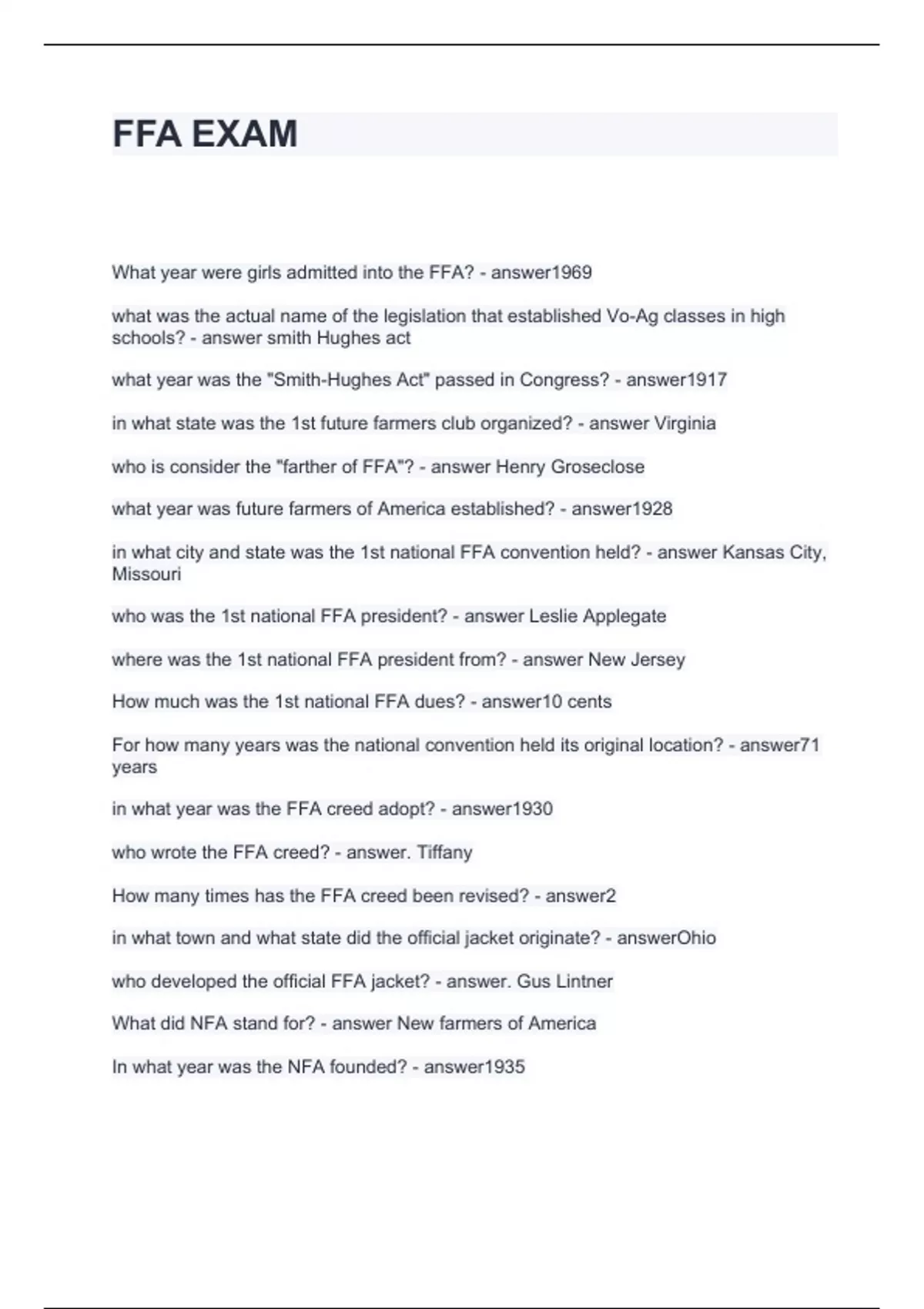 FFA EXAM QUESTIONS AND ANSWERS 100% CORRECT - FFA - Stuvia US