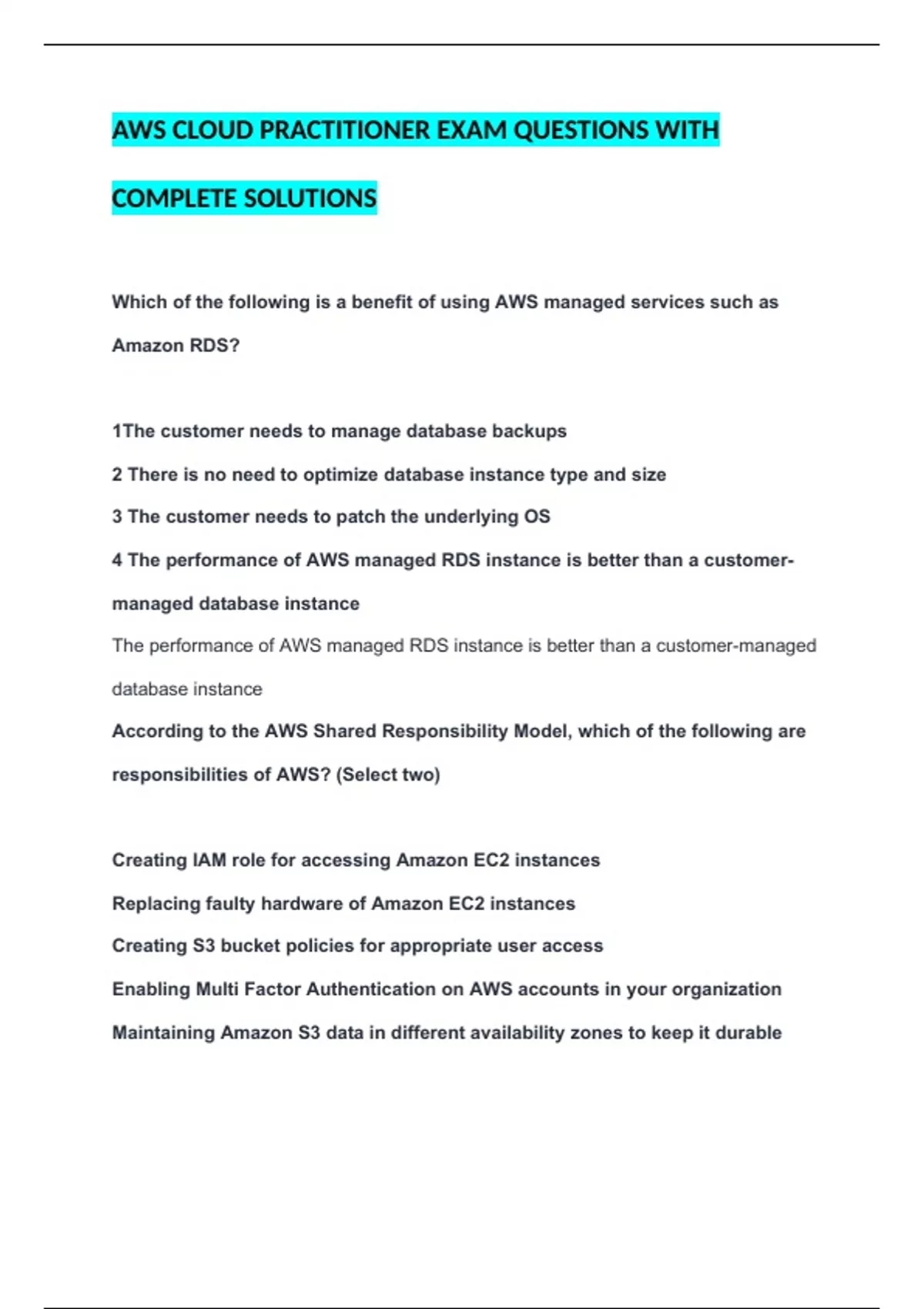 AWS CLOUD PRACTITIONER EXAM QUESTIONS WITH COMPLETE SOLUTIONS - AWS CLOUD PRACTITIONER - Stuvia US