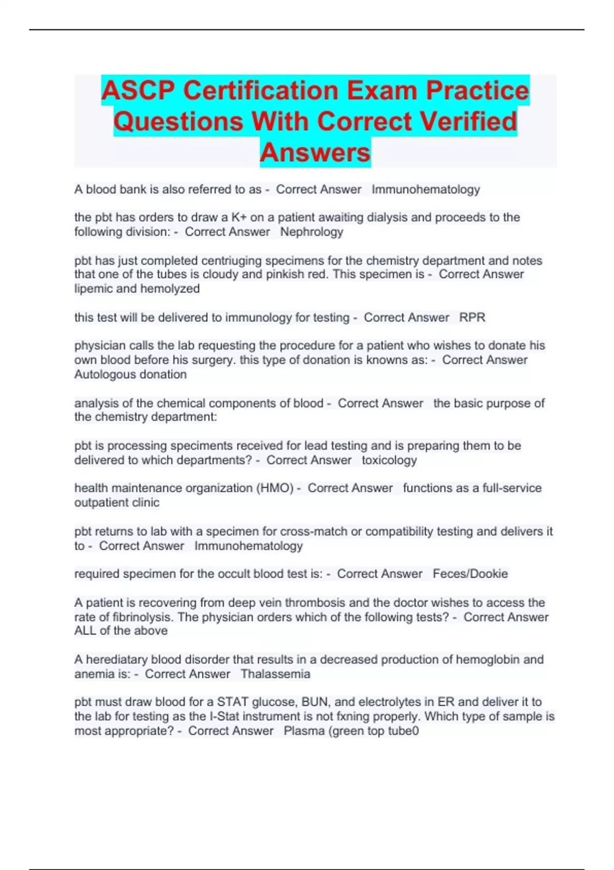 ASCP Certification Exam Practice Questions With Correct Verified ...