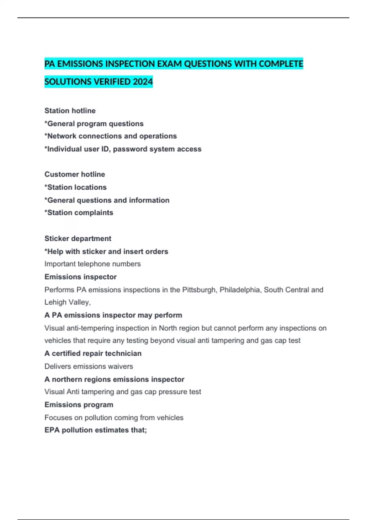 PA EMISSIONS INSPECTION EXAM QUESTIONS WITH COMPLETE SOLUTIONS VERIFIED ...