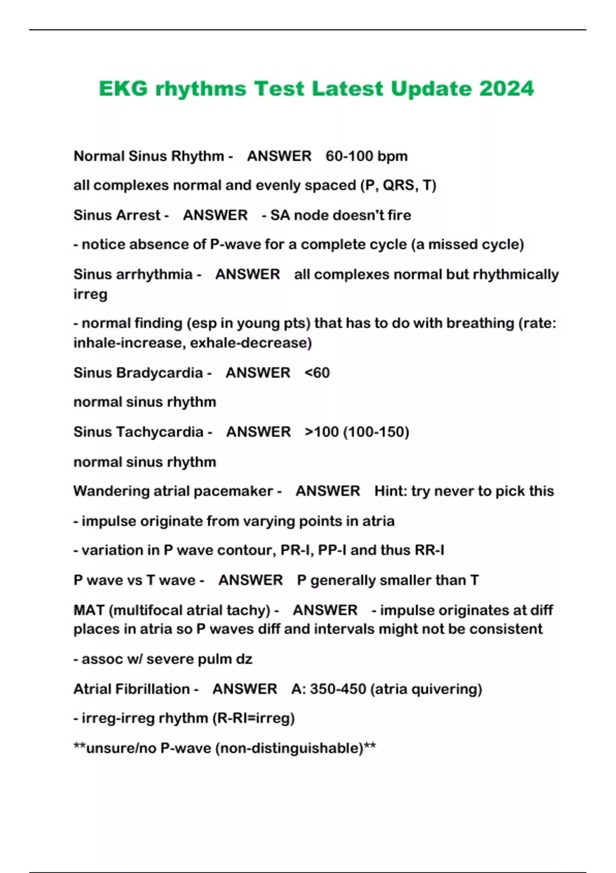 EKG rhythms Test Latest Update 2024 - EKG rhythms - Stuvia US