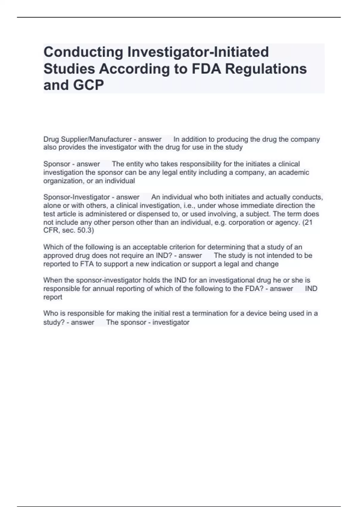 Conducting Investigator-Initiated Studies According to FDA Regulations ...