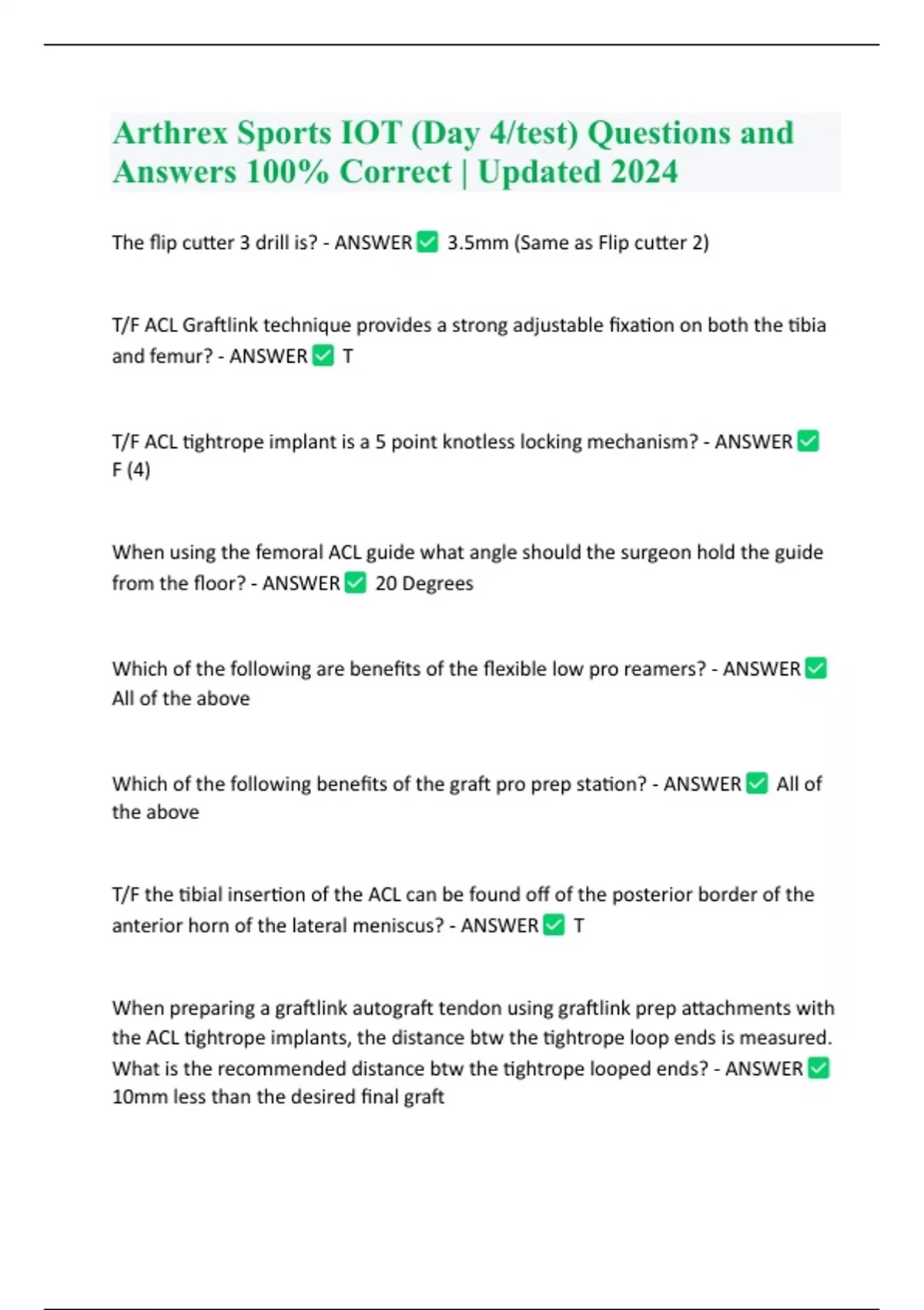 Arthrex Sports IOT (Day 4/test) Questions and Answers 100% Correct ...