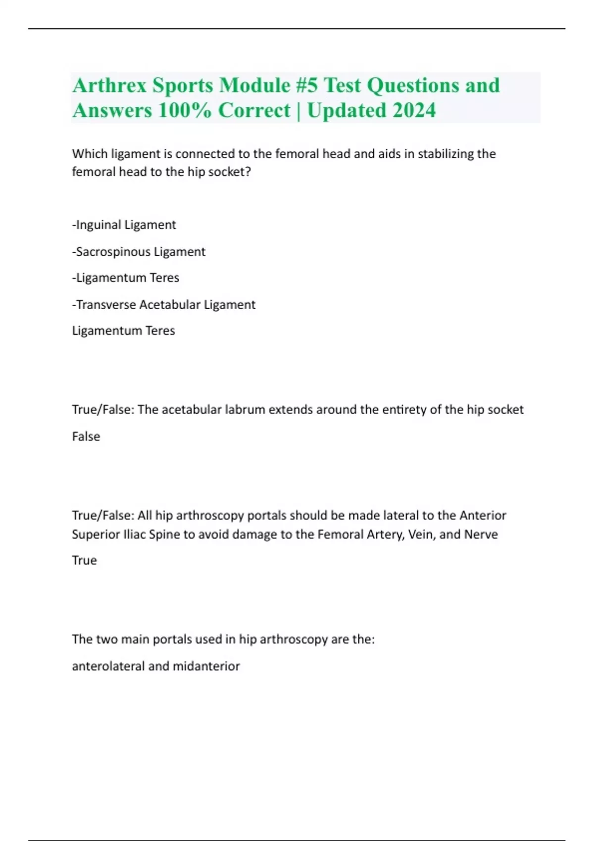 Arthrex Sports Module #5 Test Questions and Answers 100% Correct ...