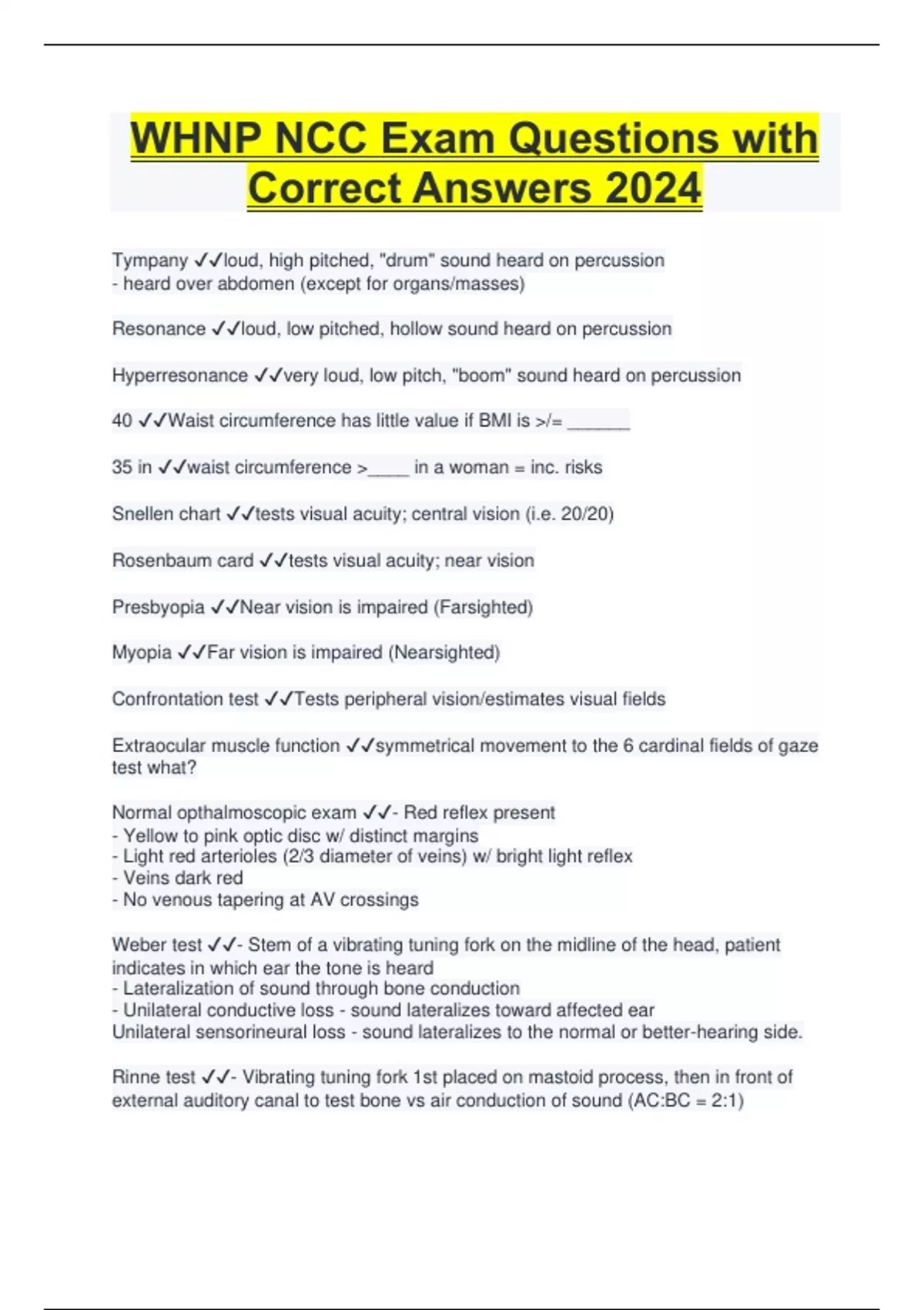 WHNP NCC Exam Questions with Correct Answers 2024 - WHNP NCC - Stuvia US