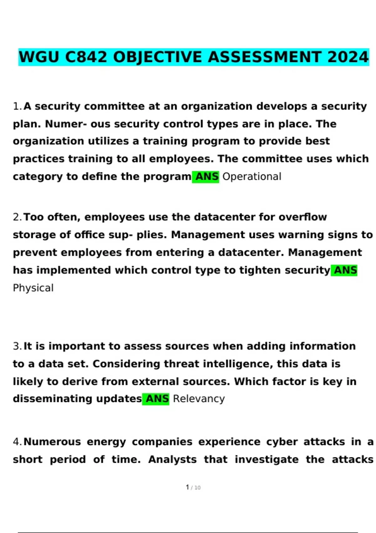 WGU C842 OBJECTIVE ASSESSMENT 2024 Questions with complete solutions ...