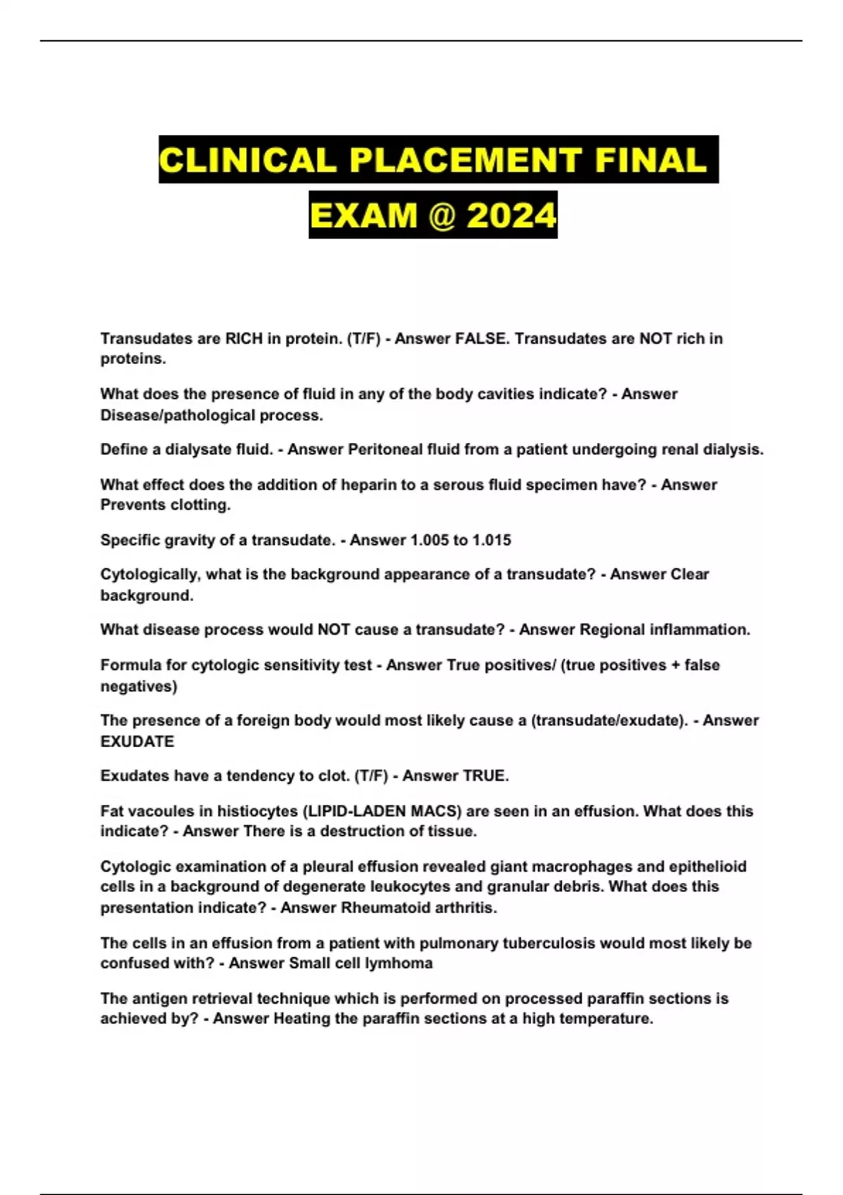 CLINICAL PLACEMENT FINAL EXAM @ 2024 - CLINICAL PLACEMENT - Stuvia US