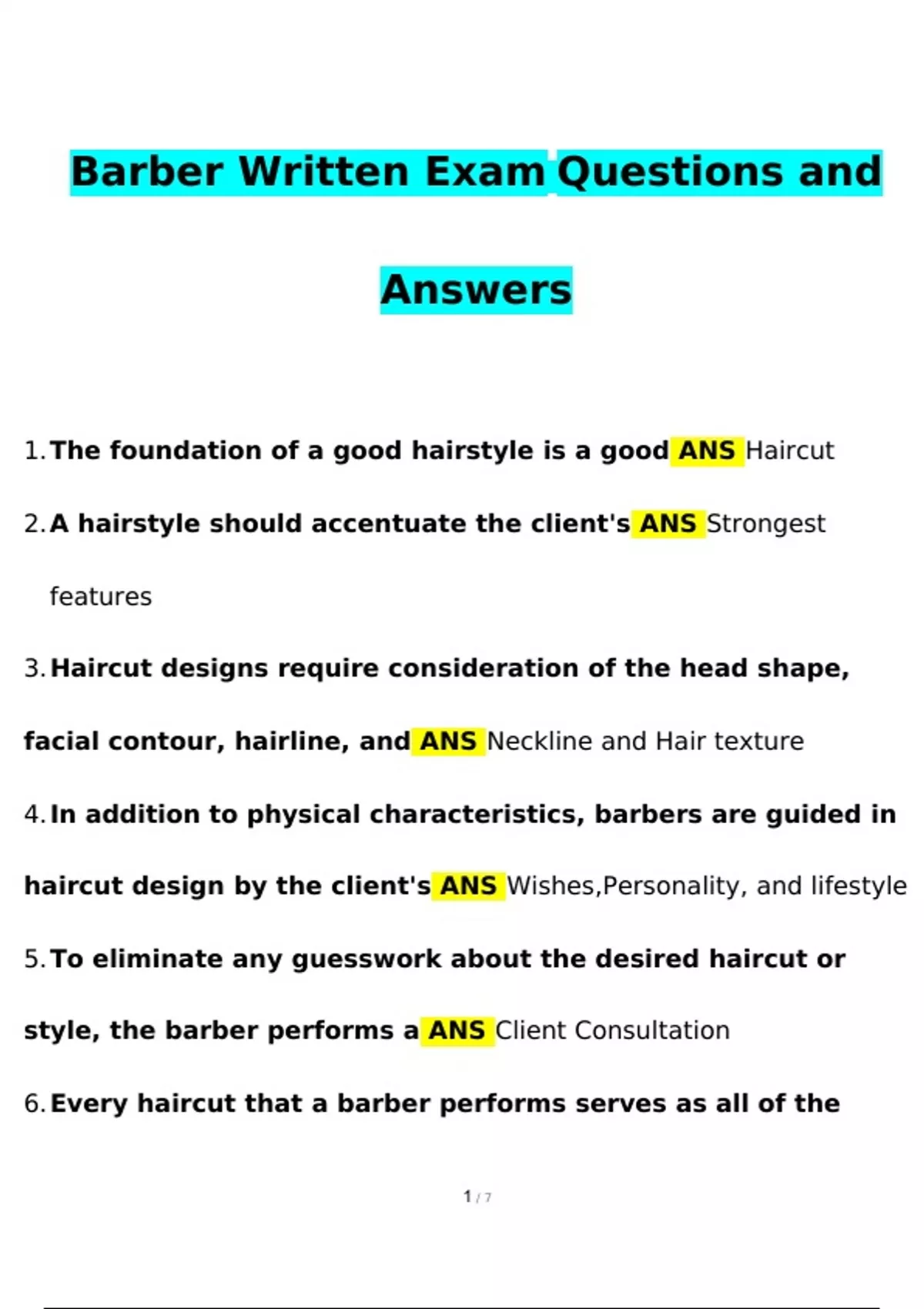 Barber Written Exam Questions with complete solutions - Barber - Stuvia US