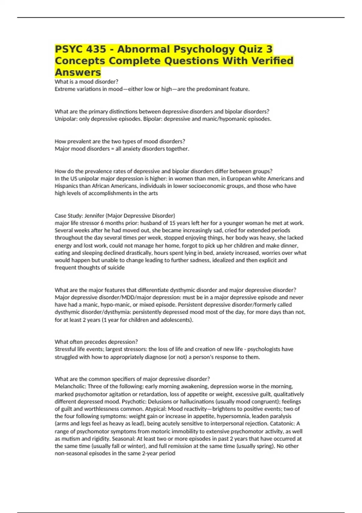 PSYC 435 - Abnormal Psychology Quiz 3 Concepts Complete Questions With ...