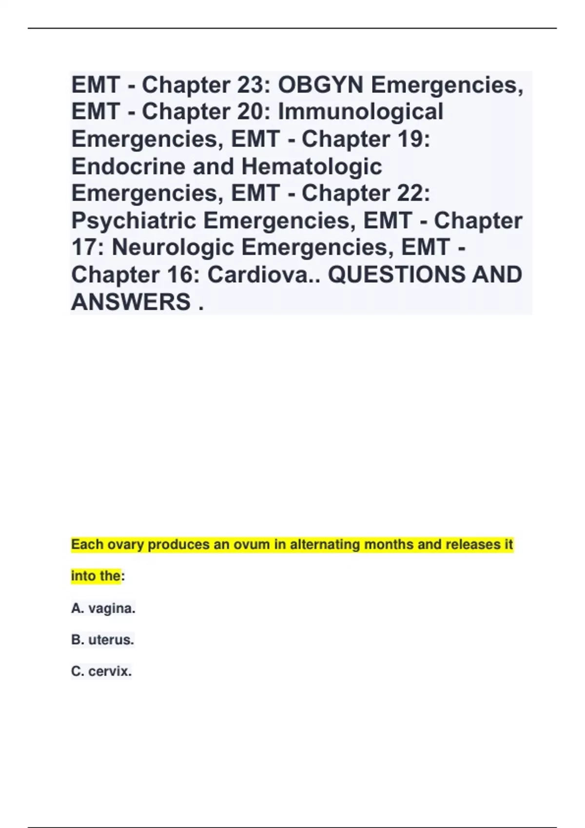 EMT - Chapter 23: OBGYN Emergencies, EMT - Chapter 20: Immunological Emergencies, EMT - Chapter ...