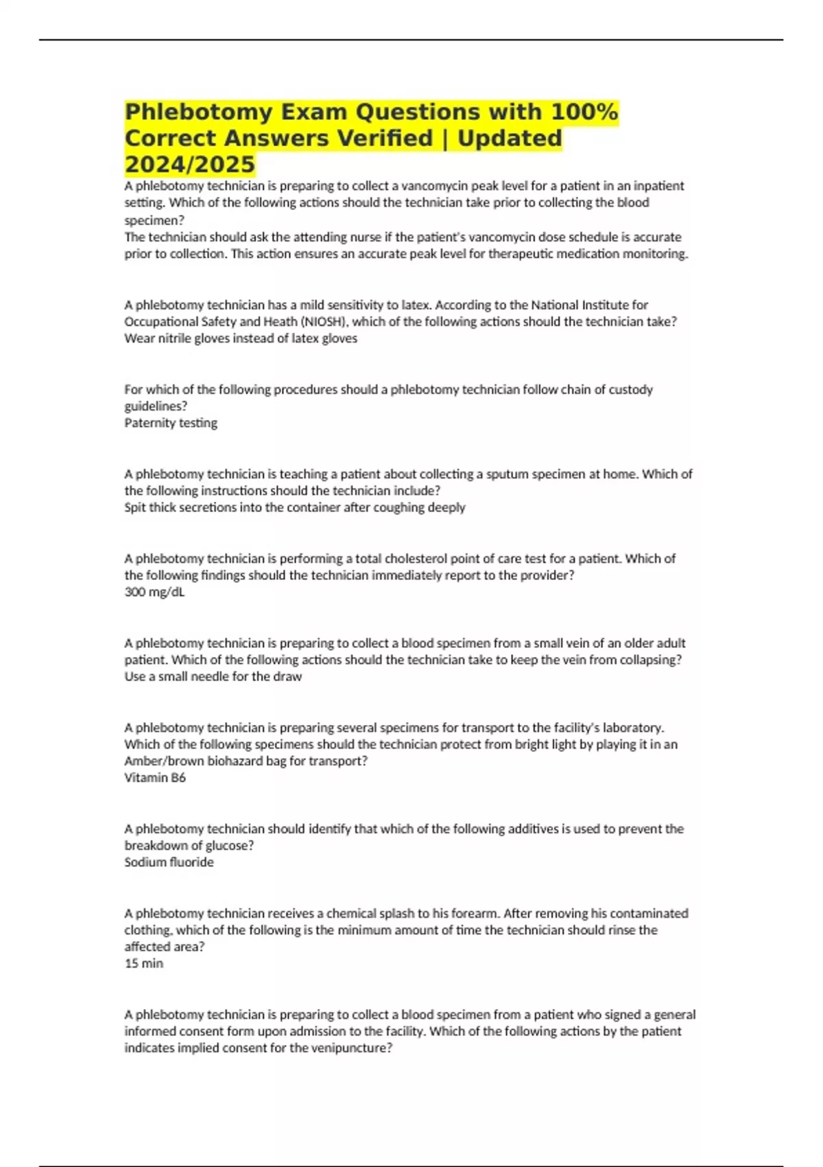 Phlebotomy Exam Questions with 100% Correct Answers Verified | Updated ...