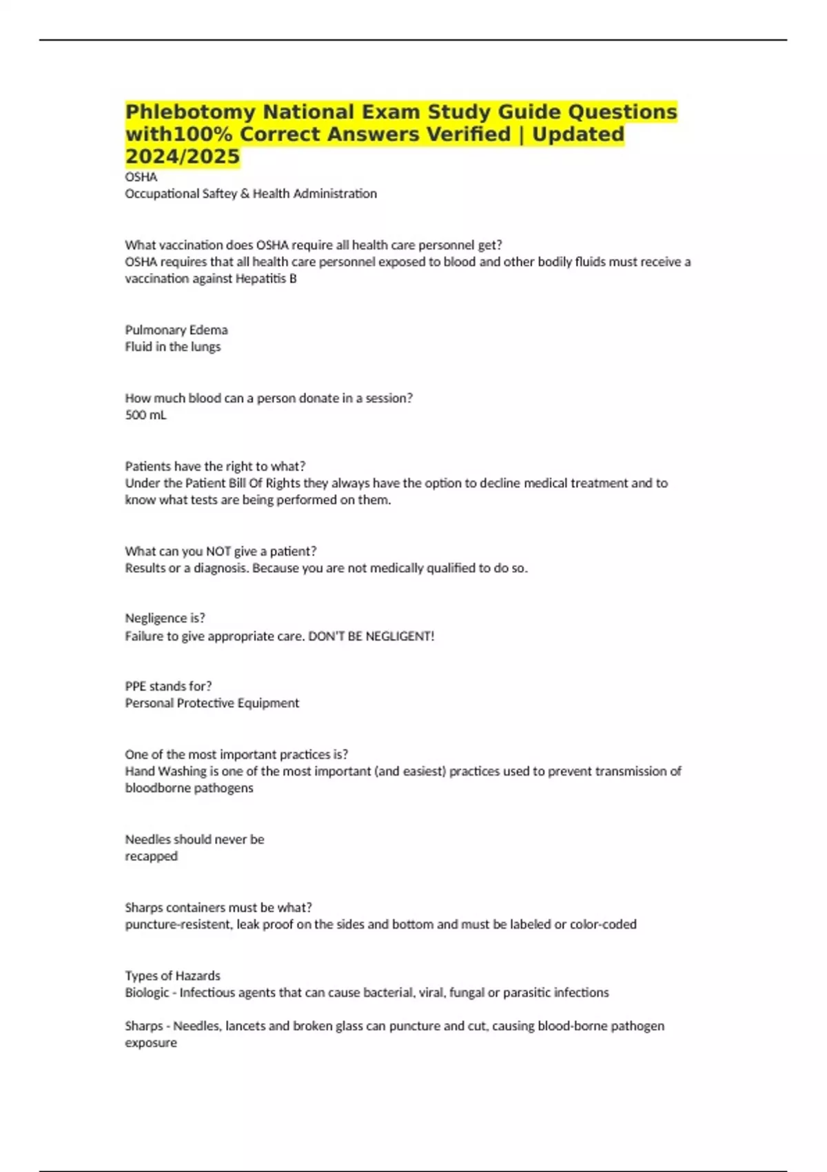 Phlebotomy National Exam Study Guide Questions with100% Correct Answers ...