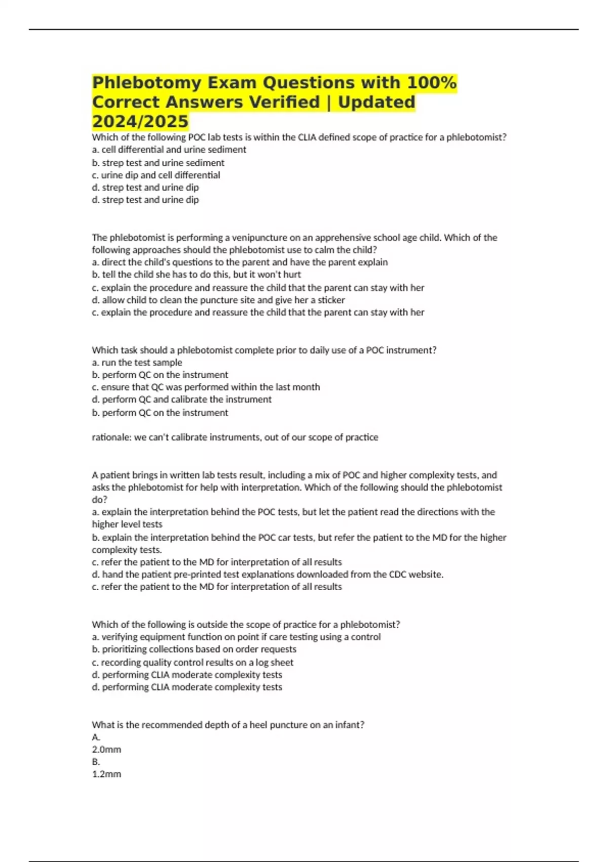 Phlebotomy Exam Questions with 100% Correct Answers Verified | Updated ...