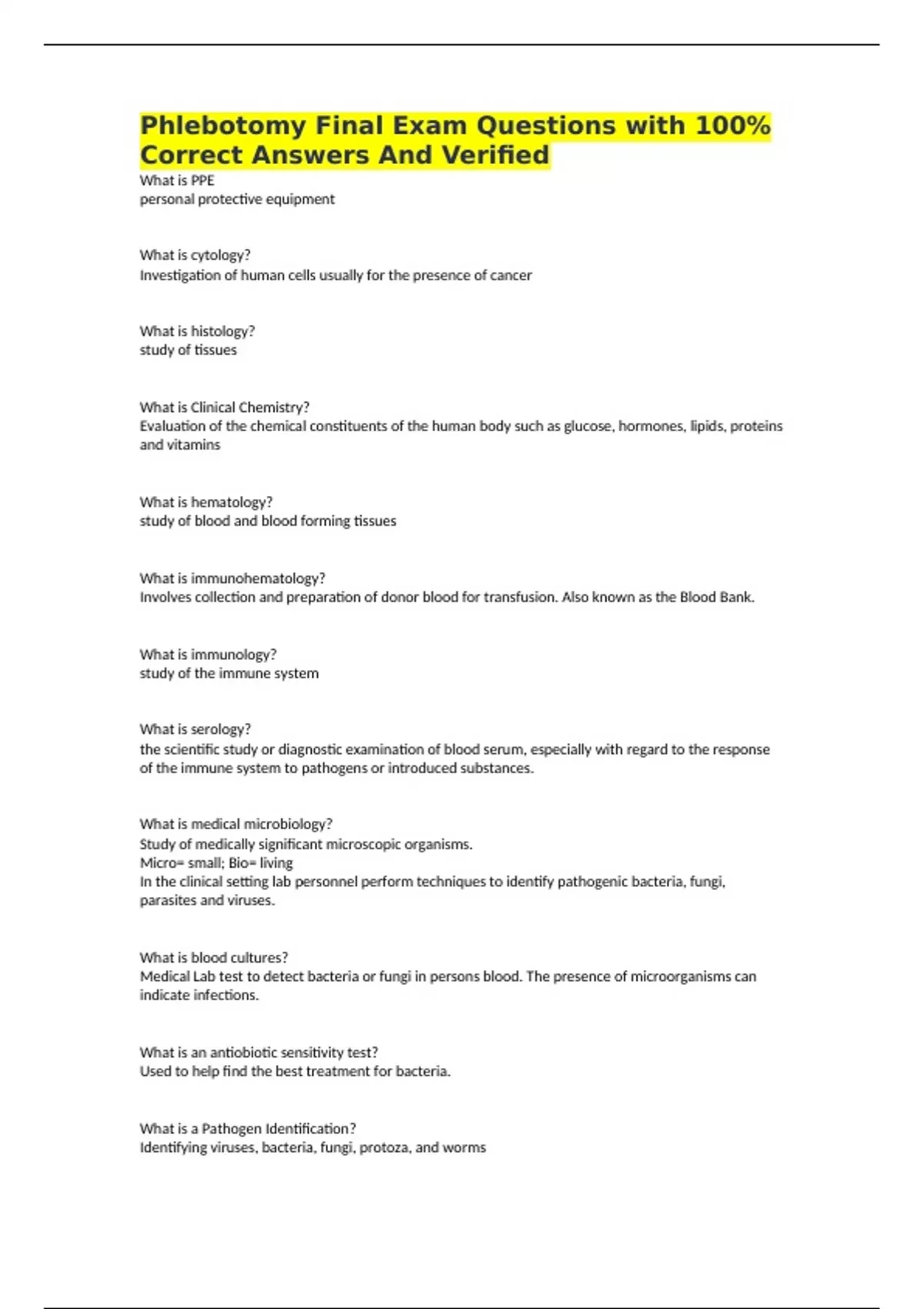 Phlebotomy Final Exam Questions with 100% Correct Answers And Verified ...