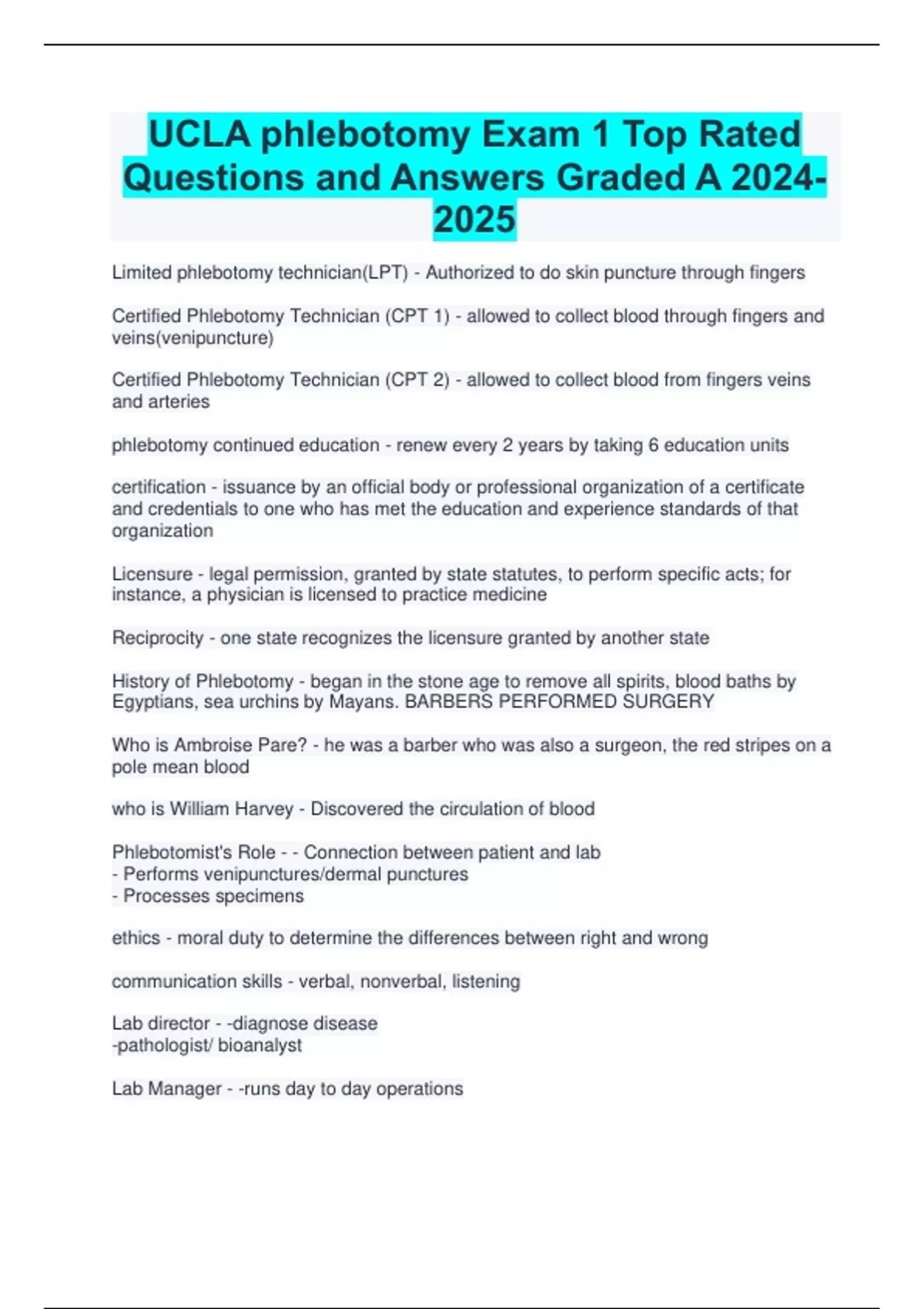 UCLA phlebotomy Exam 1 Top Rated Questions and Answers Graded A - UCLA ...