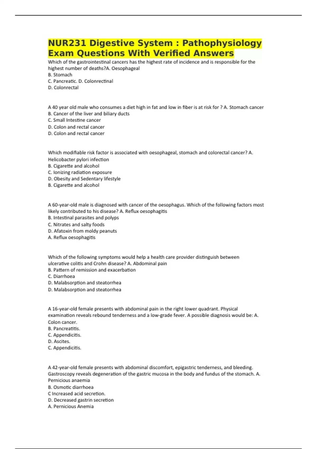 NUR231 Digestive System : Pathophysiology Exam Questions With Verified ...