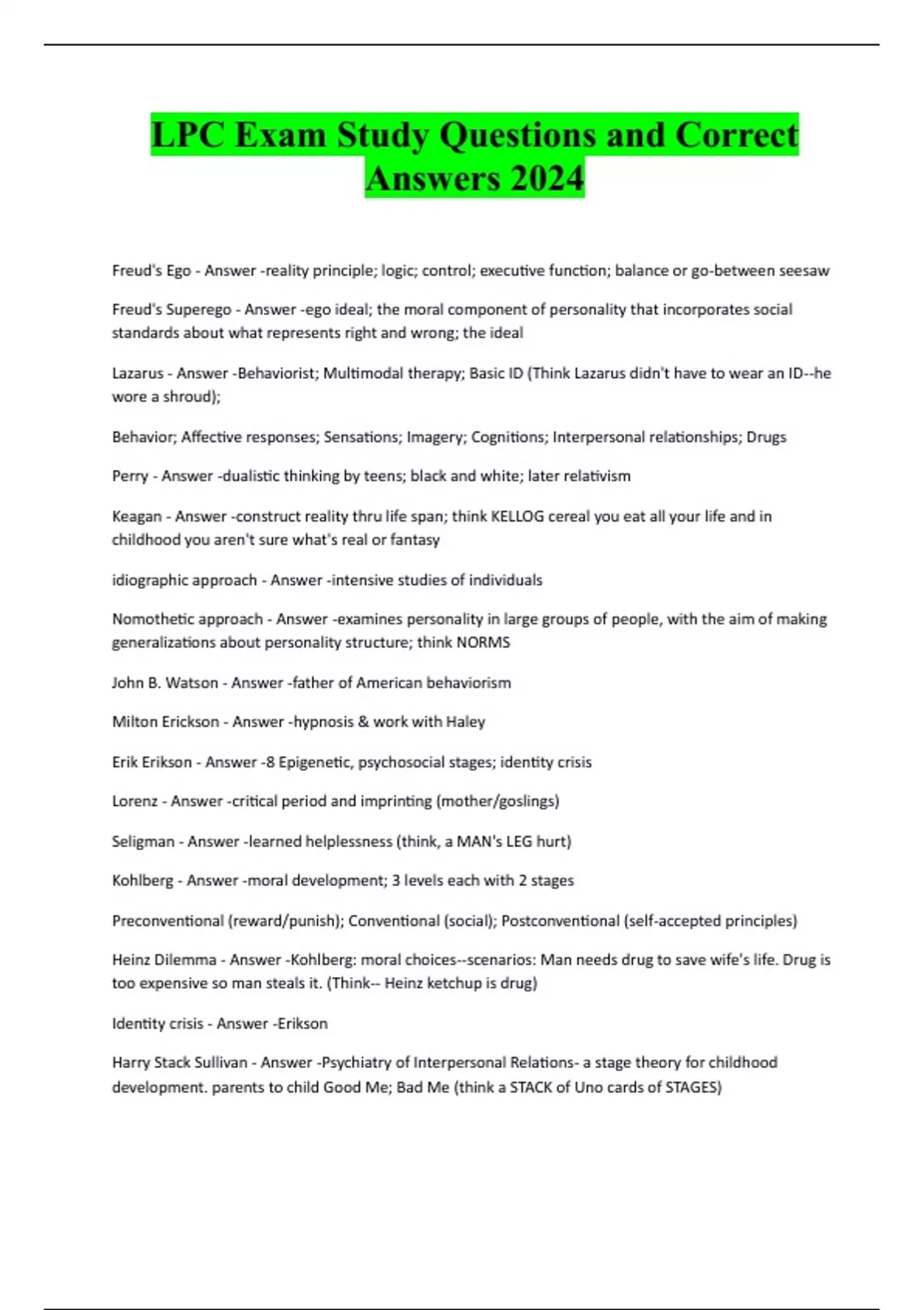 LPC Exam Study Questions and Correct Answers 2024 - LPC 68 - Stuvia US