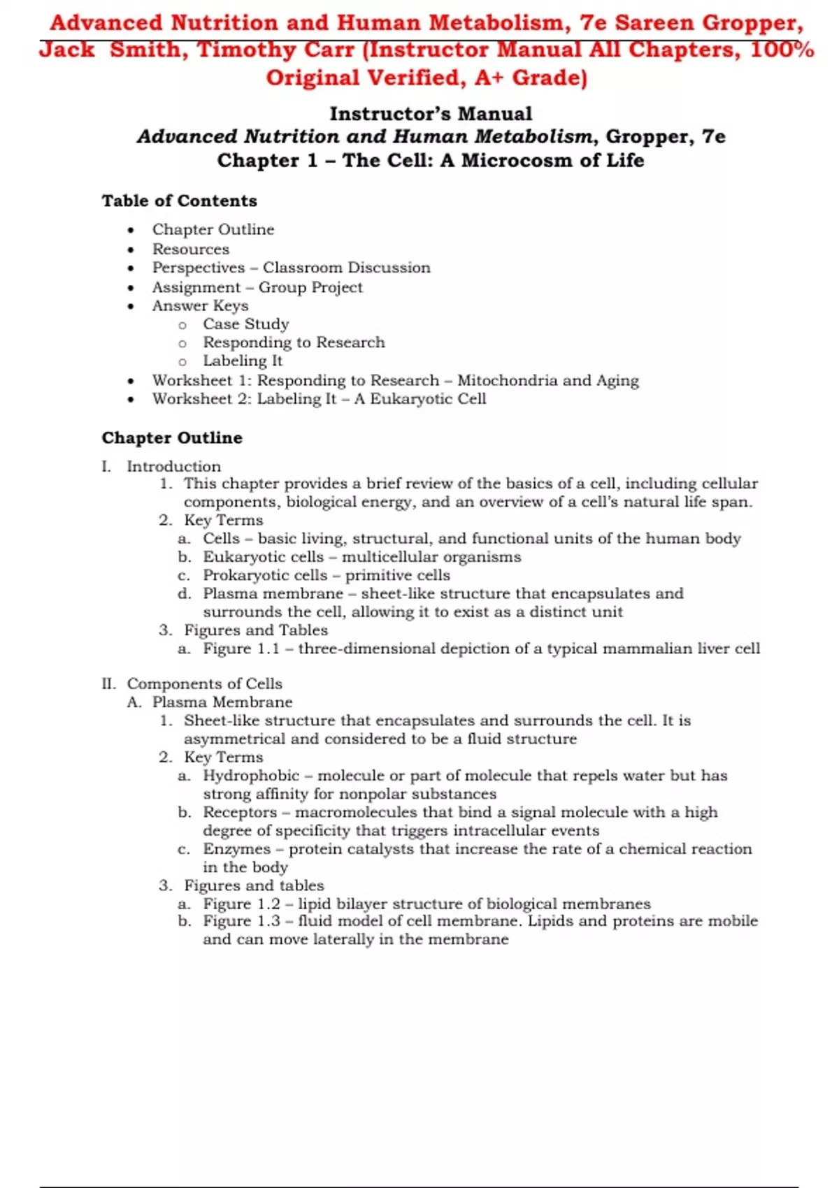 Instructor Manual for Advanced Nutrition and Human Metabolism 7th ...