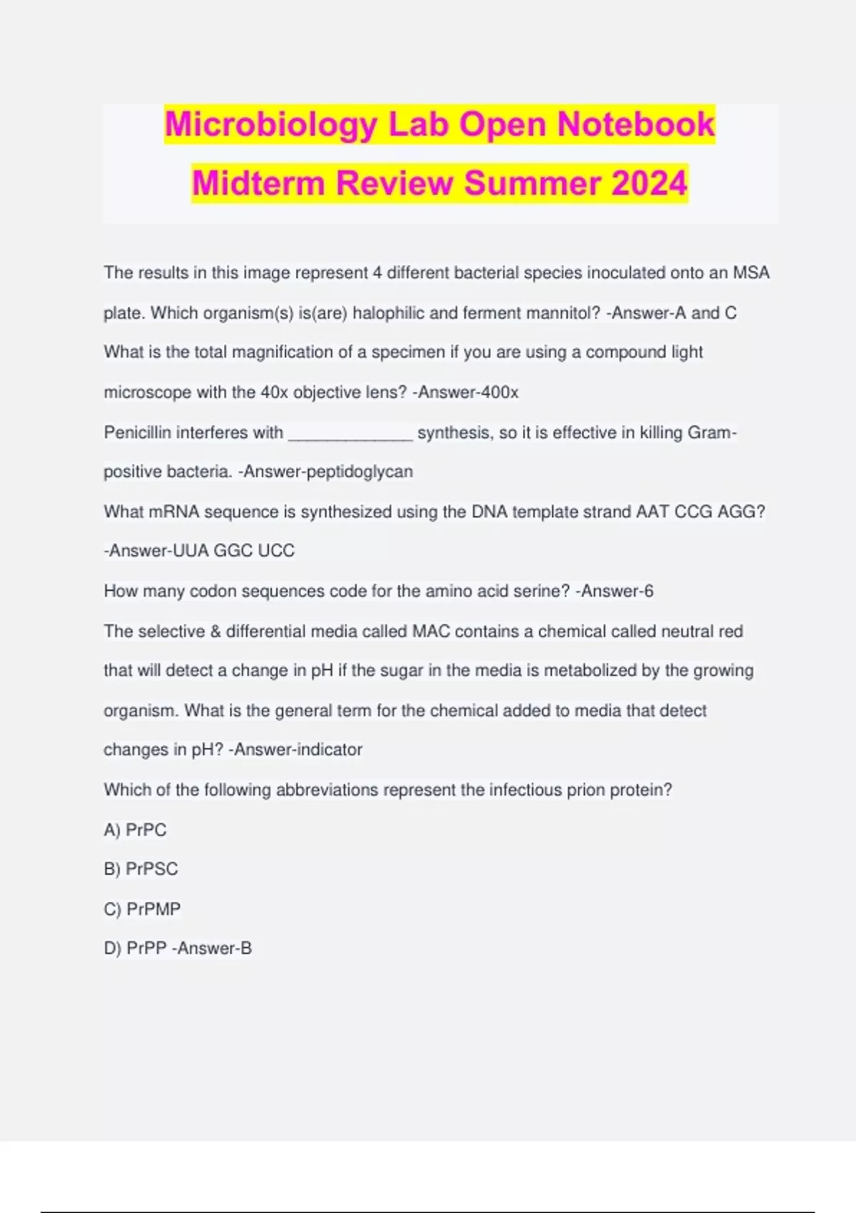 Microbiology Lab Open Notebook Midterm Review Summer 2024 ...