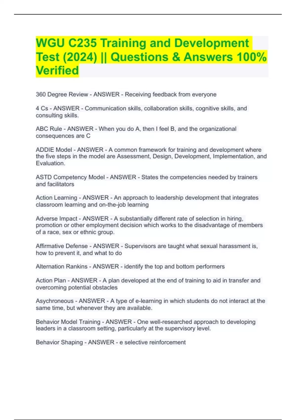 WGU C235 Training and Development Test (2024) || Questions & Answers ...