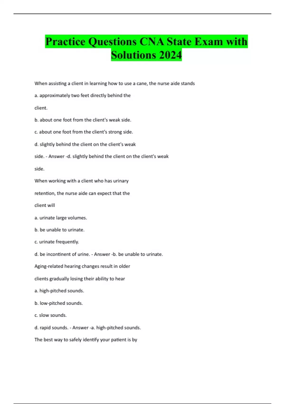 Practice Questions CNA State Exam with Solutions 2024 - CNA - Certified Nursing Assistant ...
