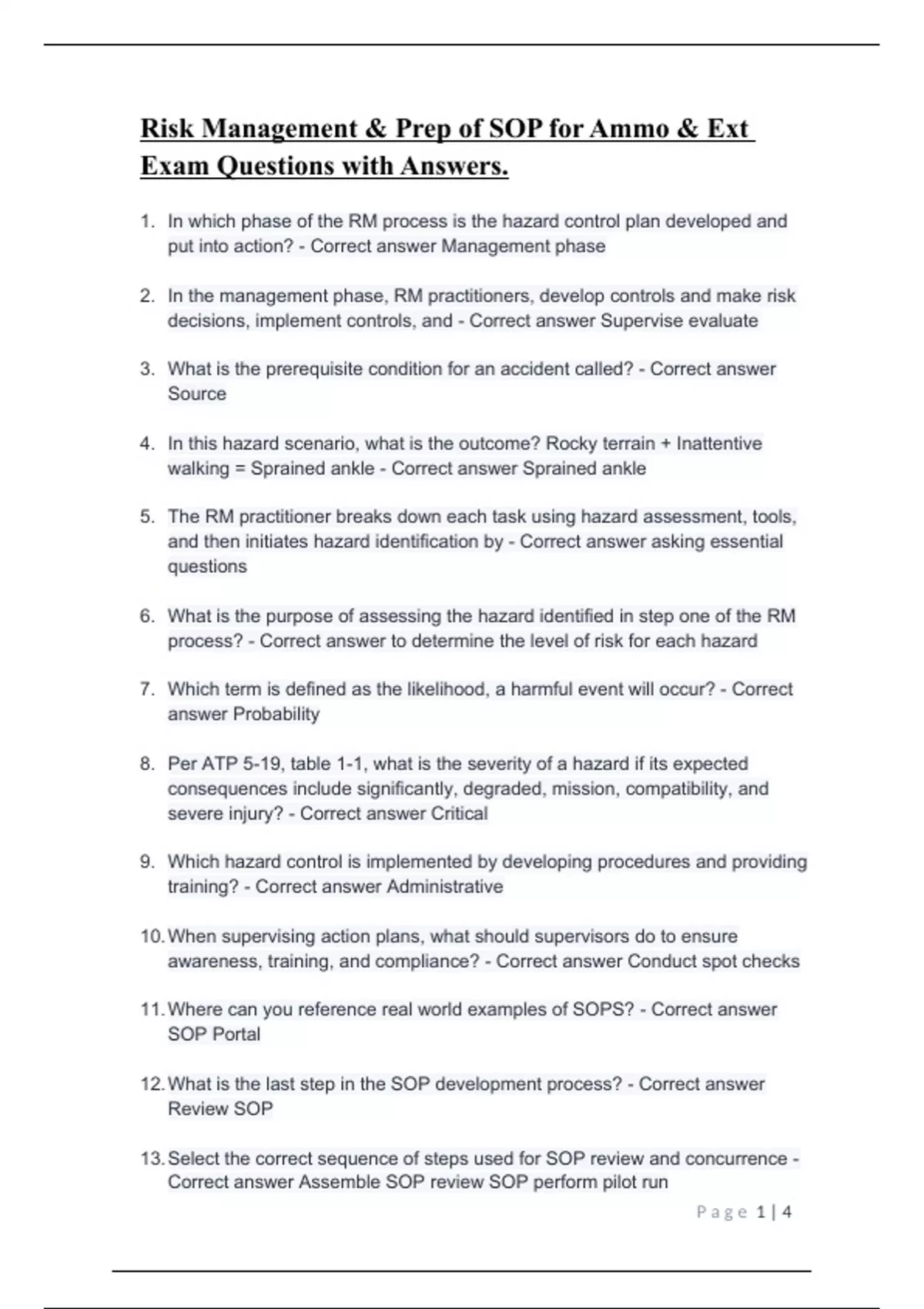 Risk Management & Prep of SOP for Ammo & Exp Exam Questions with Answers. - RDA Law and Ethics ...