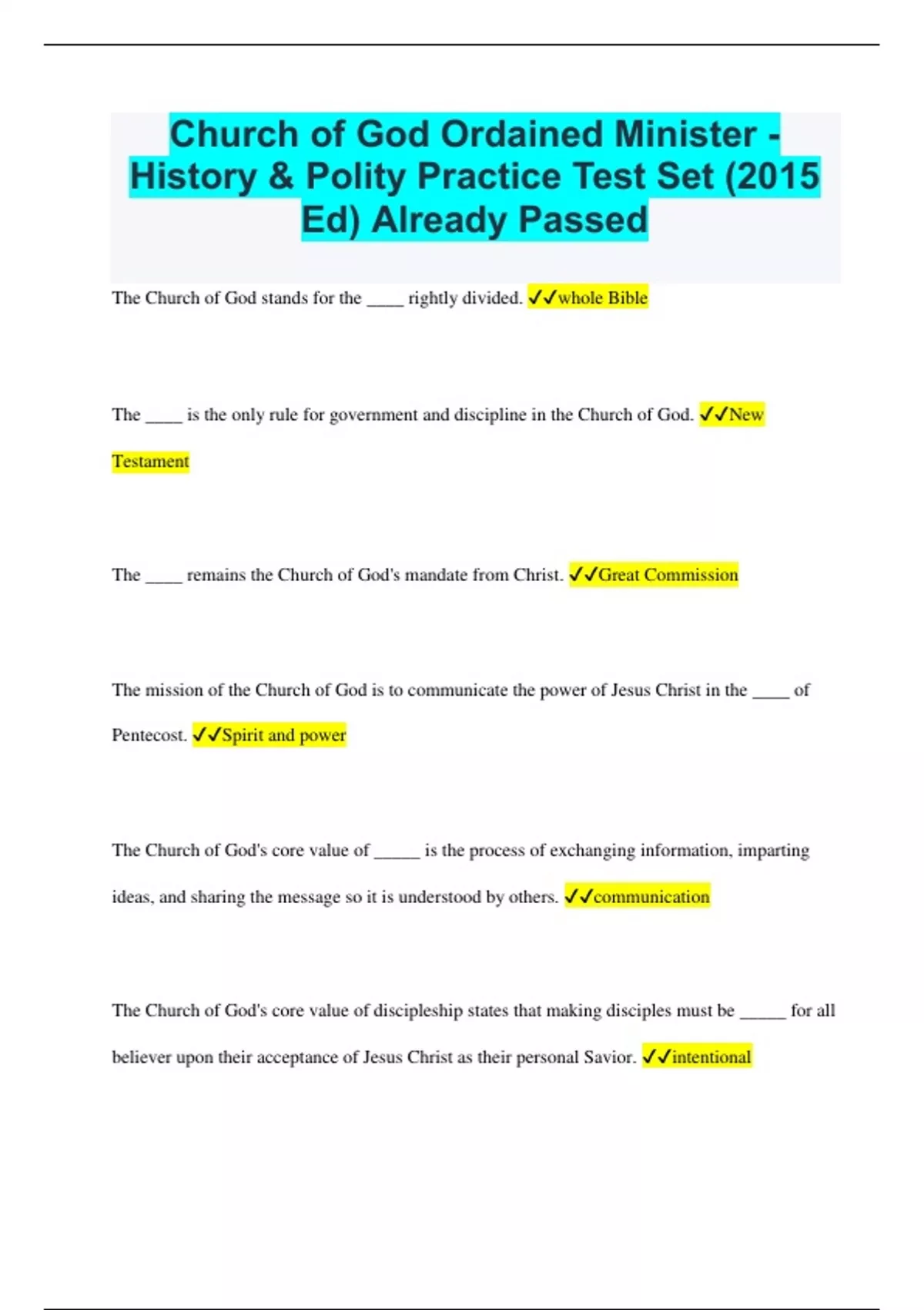 Church of God Ordained Minister - History & Polity Practice Test Set ...