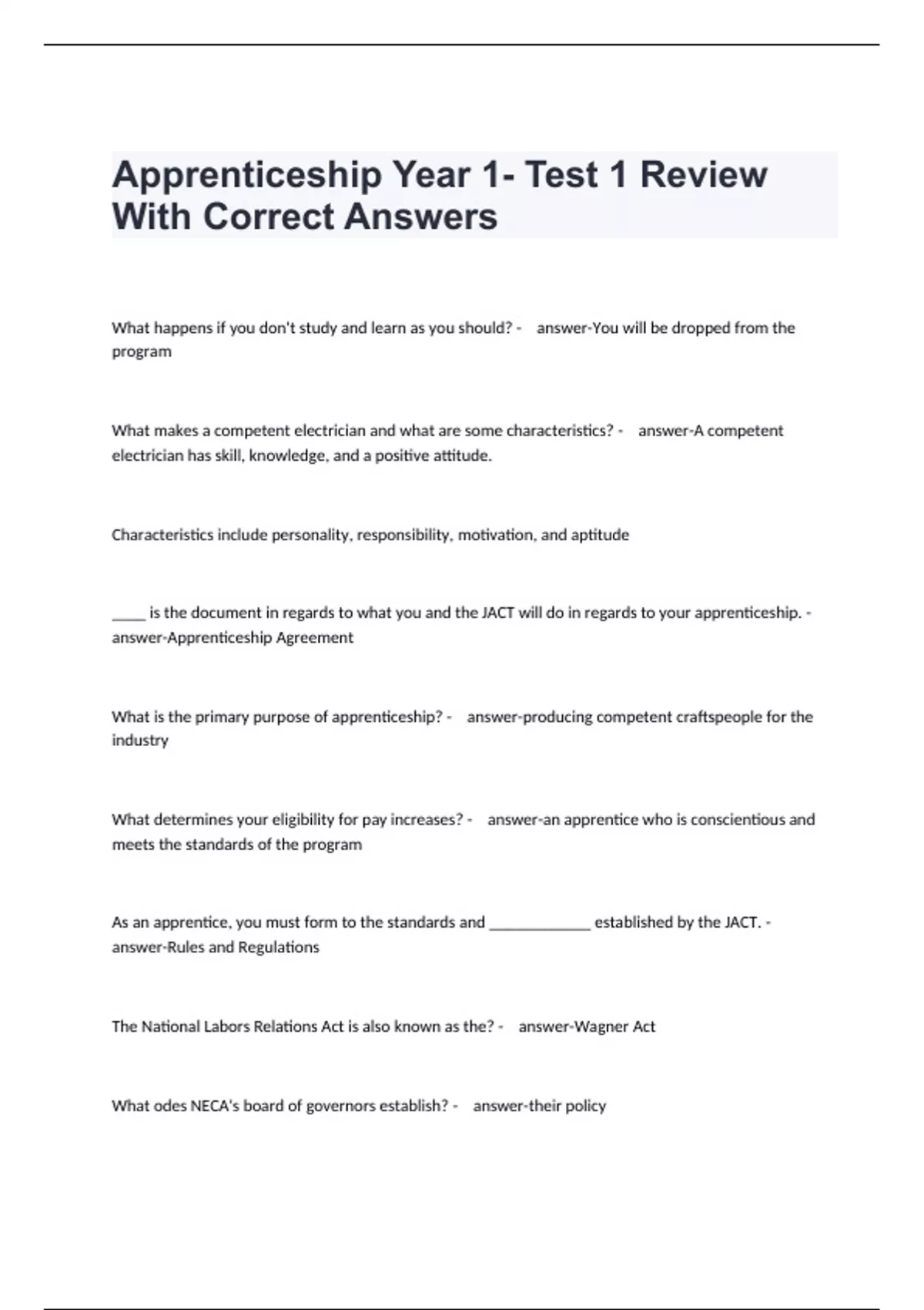 Apprenticeship Year 1- Test 1 Review With Correct Answers - Apprentice ...