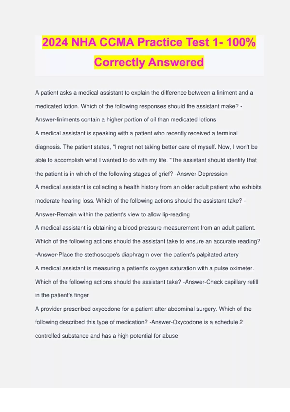 2024 NHA CCMA Practice Test 1- 100% Correctly Answered - NHA CCMA ...