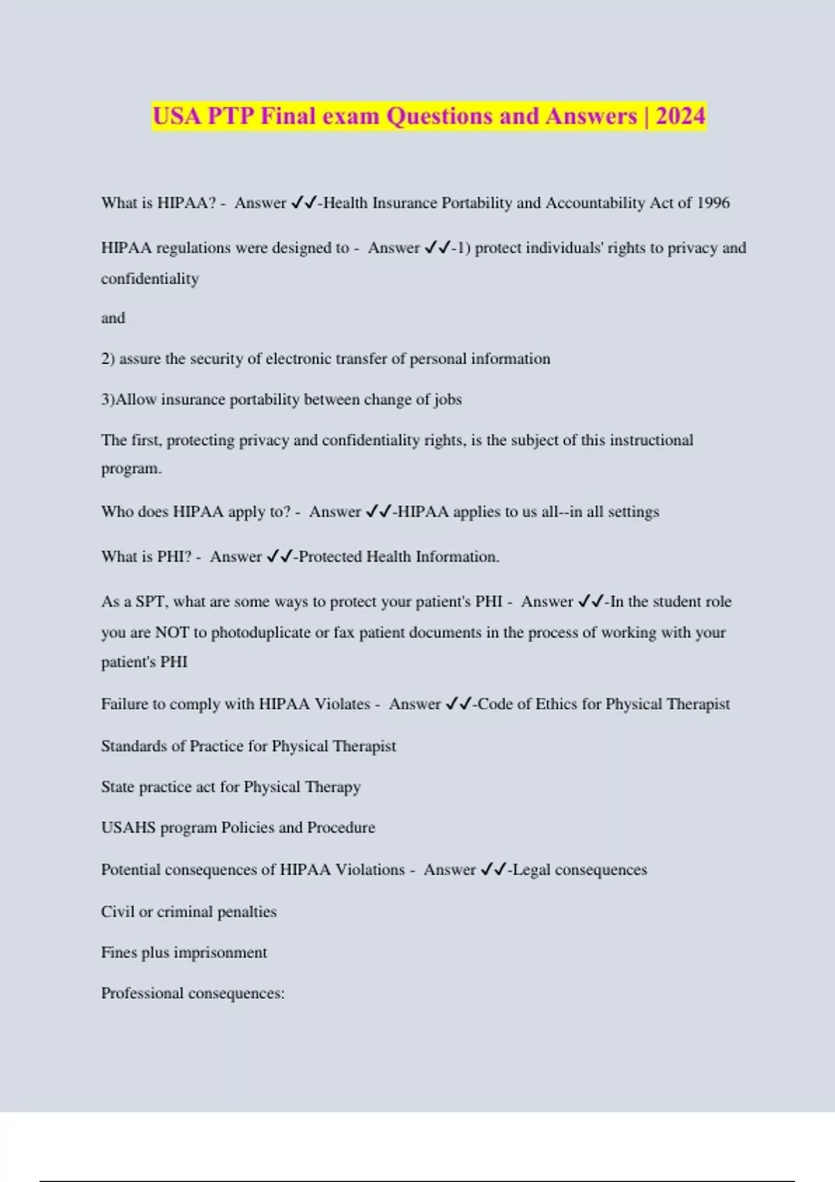 USA PTP Final exam Questions and Answers | 2024 - USA PTP - Stuvia US