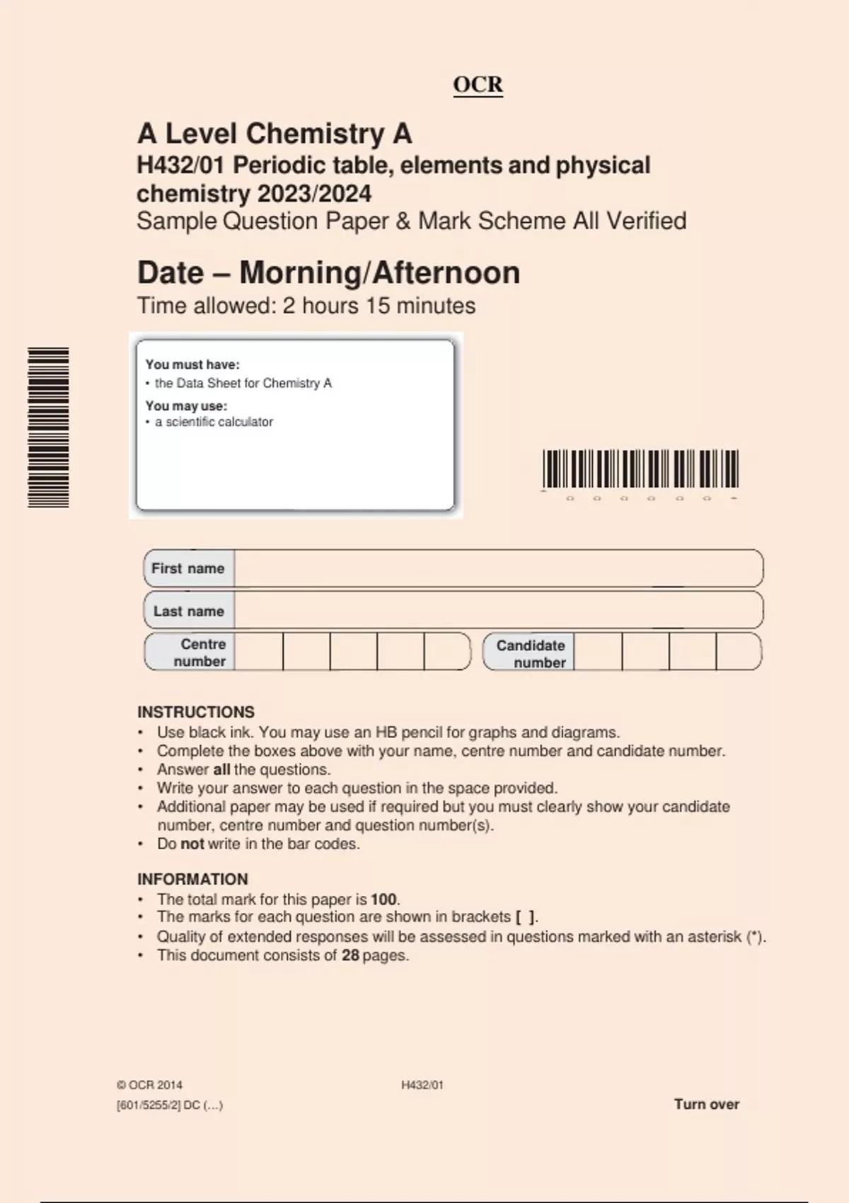 A Level Chemistry A H432/01 Periodic table, elements and physical ...