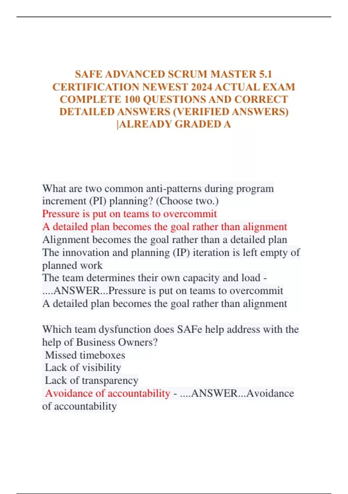 Safe Advanced Scrum Master 5 1 Certification Newest 2024 Actual Exam Complete 100 Questions And