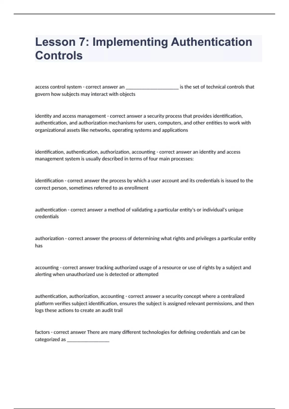 Lesson 7 Implementing Authentication Controls questions and answers verified 2024 - DCOM - Stuvia US