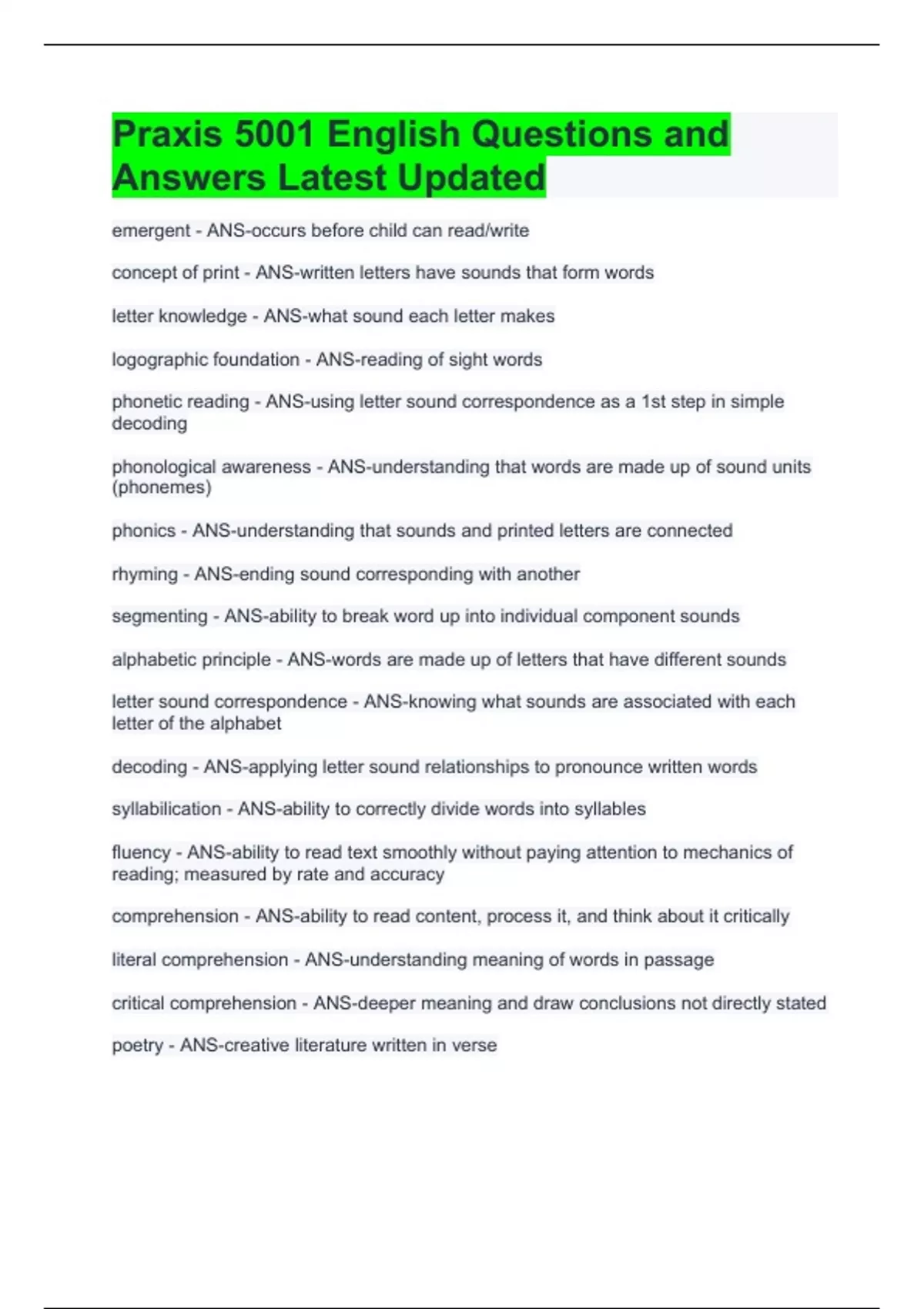 Praxis 5001 English Questions and Answers Latest Updated - Praxis 5001 ...