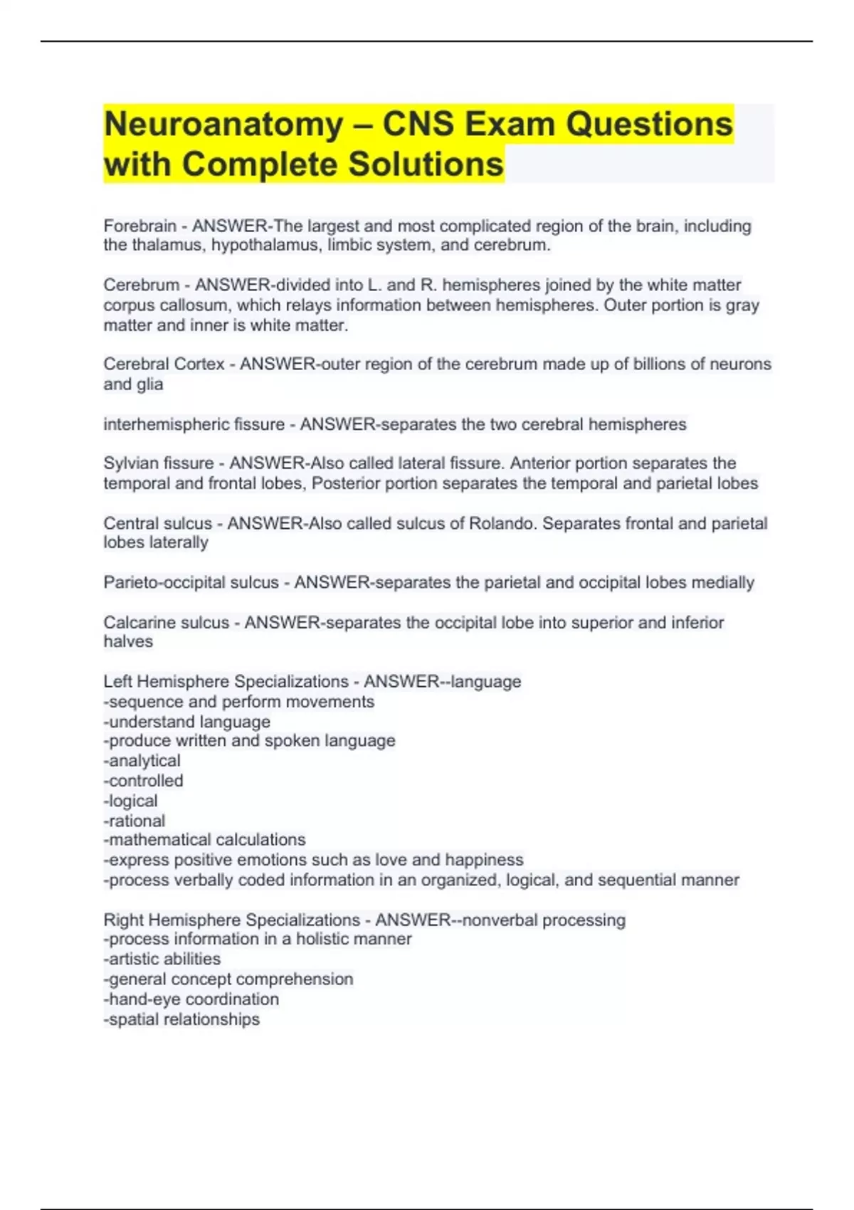 Neuroanatomy – CNS Exam Questions with Complete Solutions ...