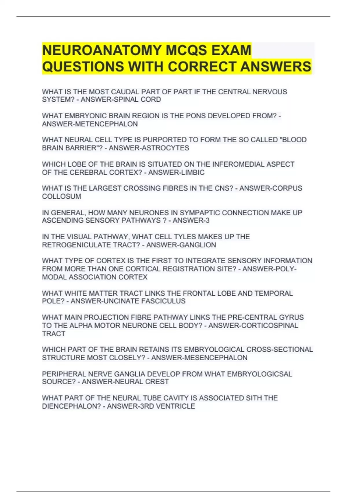 NEUROANATOMY MCQS EXAM QUESTIONS WITH CORRECT ANSWERS - Neuroanatomy of ...