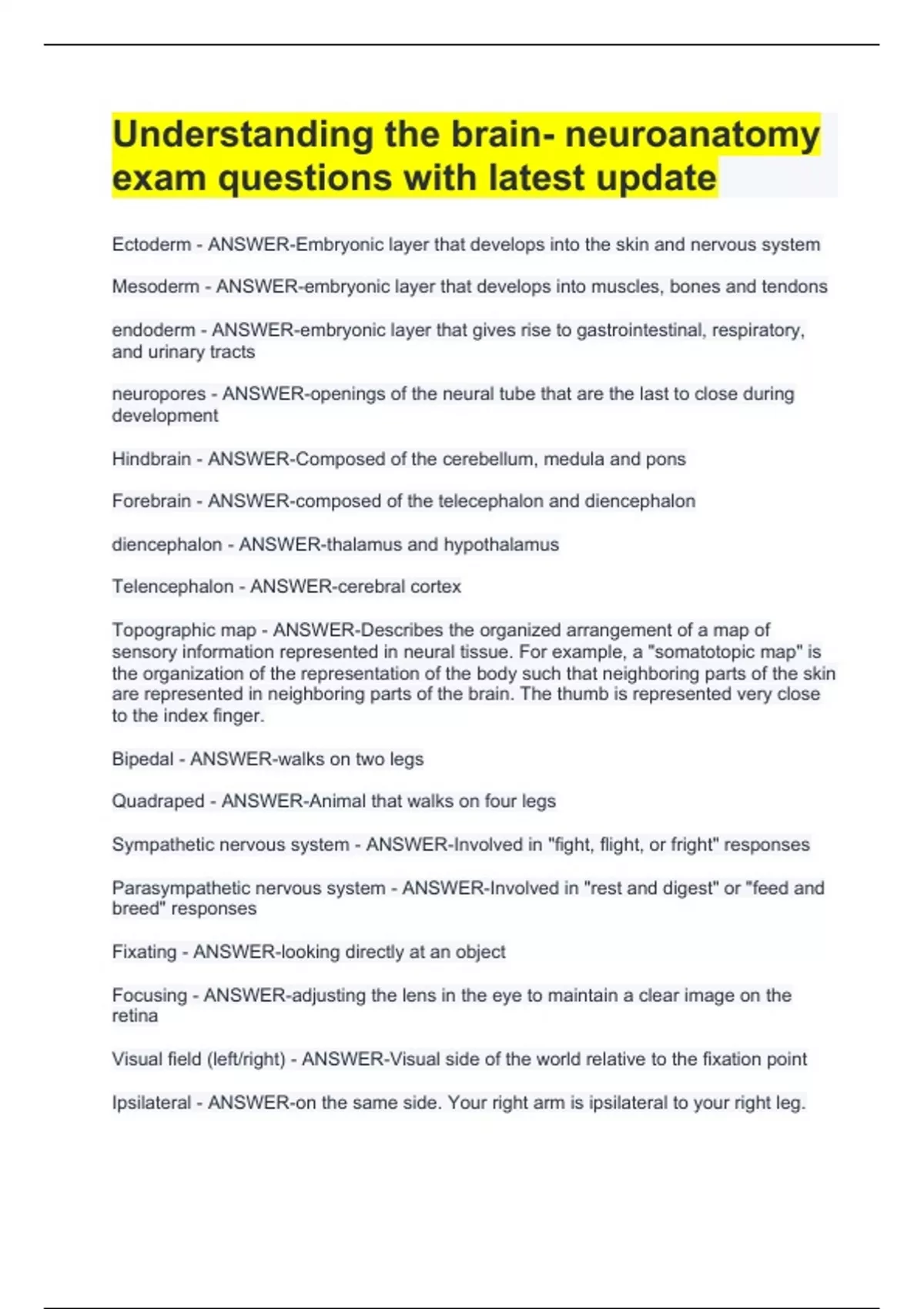Understanding the brain- neuroanatomy exam questions with latest update ...