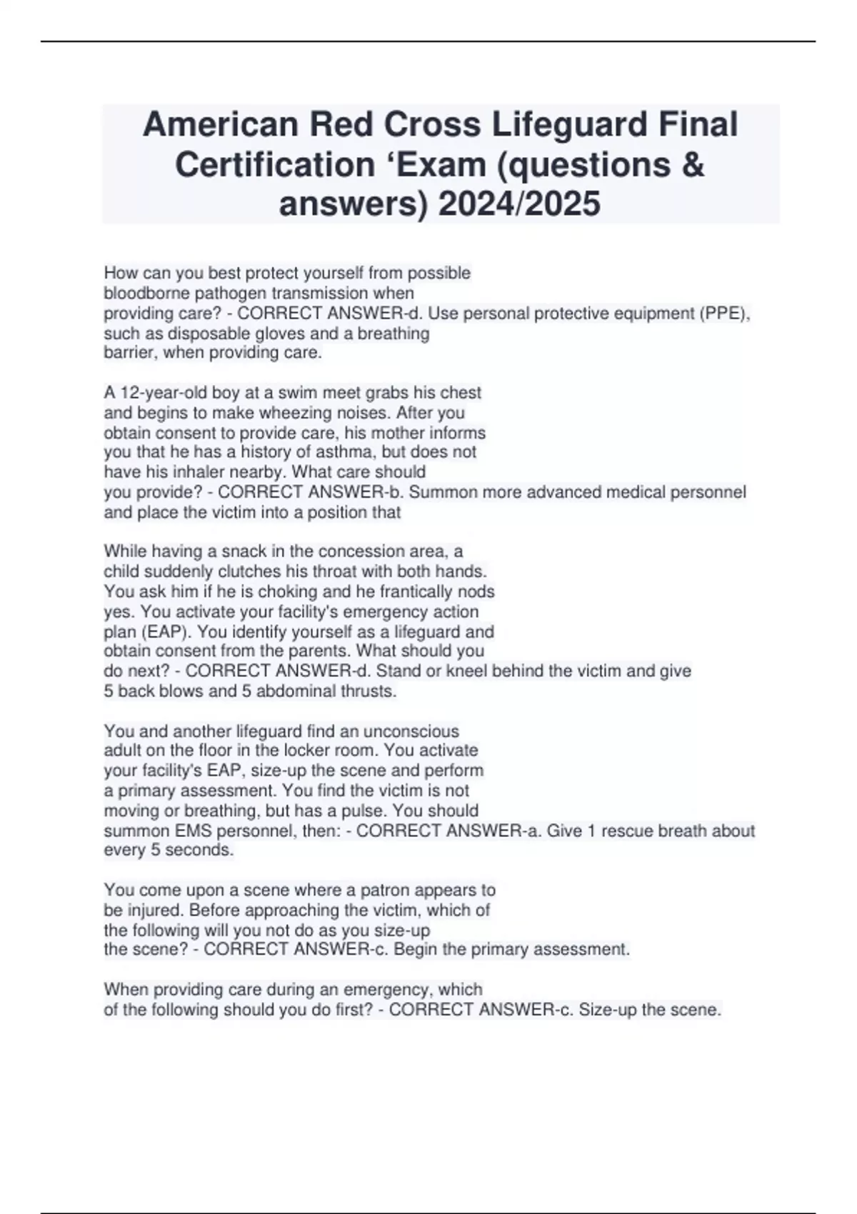 American Red Cross Lifeguard Final Certification ‘Exam (questions & answers) 2024/2025 - Red ...