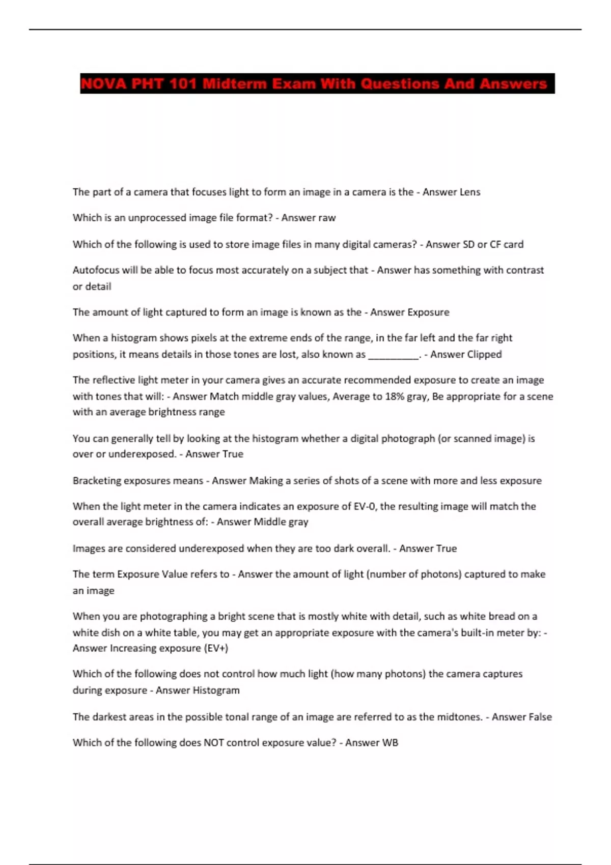 NOVA PHT 101 Midterm Exam With Questions And Answers - NOVA PHT 101 - Stuvia US