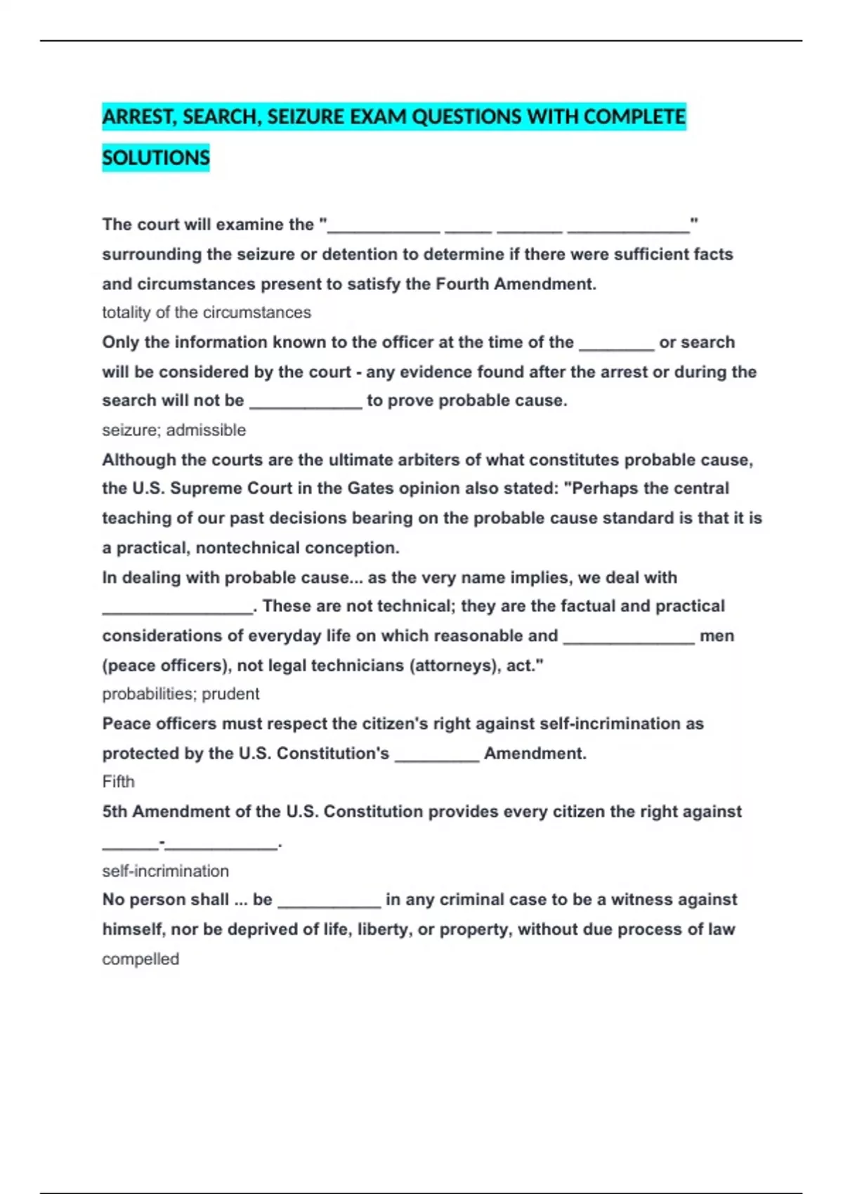 ARREST, SEARCH, SEIZURE EXAM QUESTIONS WITH COMPLETE SOLUTIONS - ARREST ...