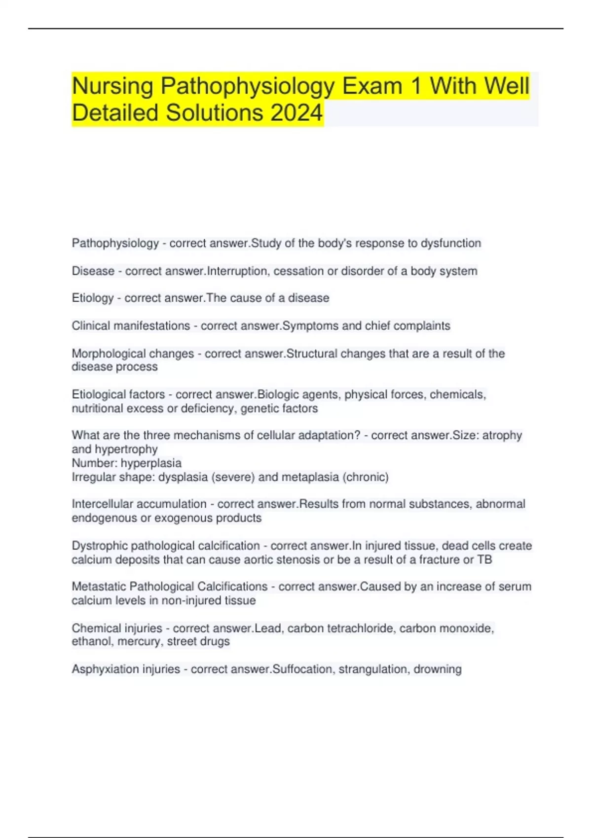 Nursing Pathophysiology Exam 1 With Well Detailed Solutions 2024 ...
