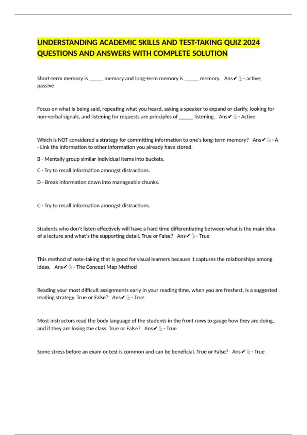 UNDERSTANDING ACADEMIC SKILLS AND TEST-TAKING QUIZ 2024 QUESTIONS AND ...