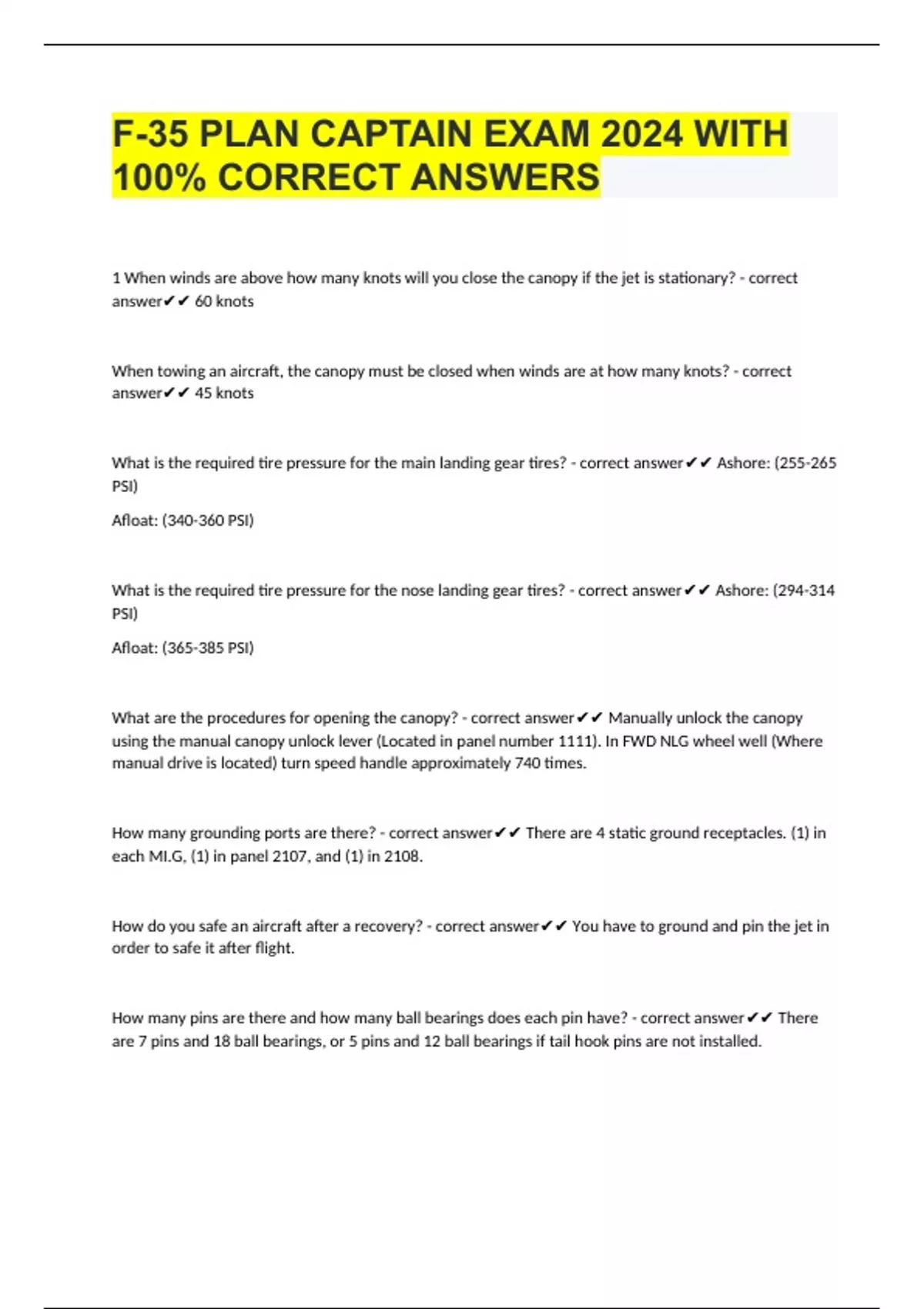 F-35 PLAN CAPTAIN EXAM 2024 WITH 100% CORRECT ANSWERS - F-35 PLAN ...
