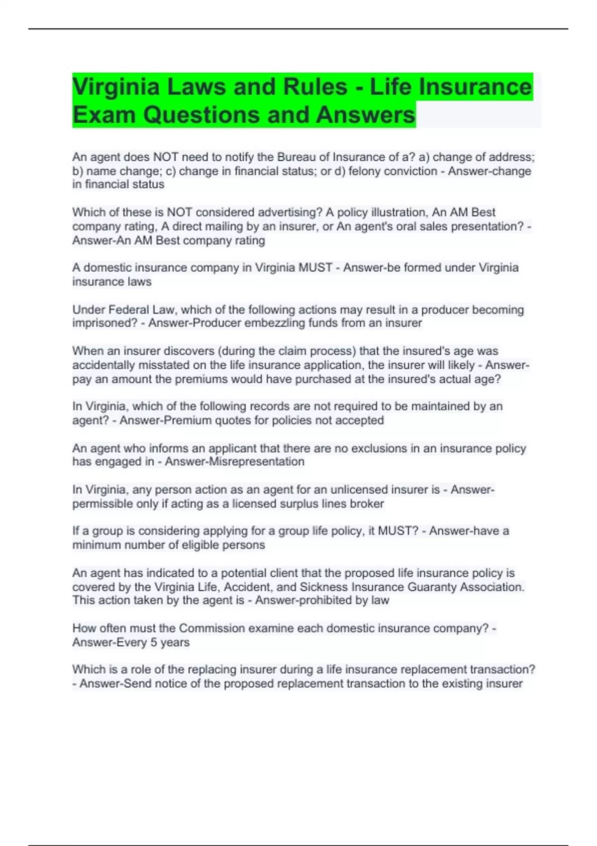 Virginia Laws and Rules - Life Insurance Exam Questions and Answers ...