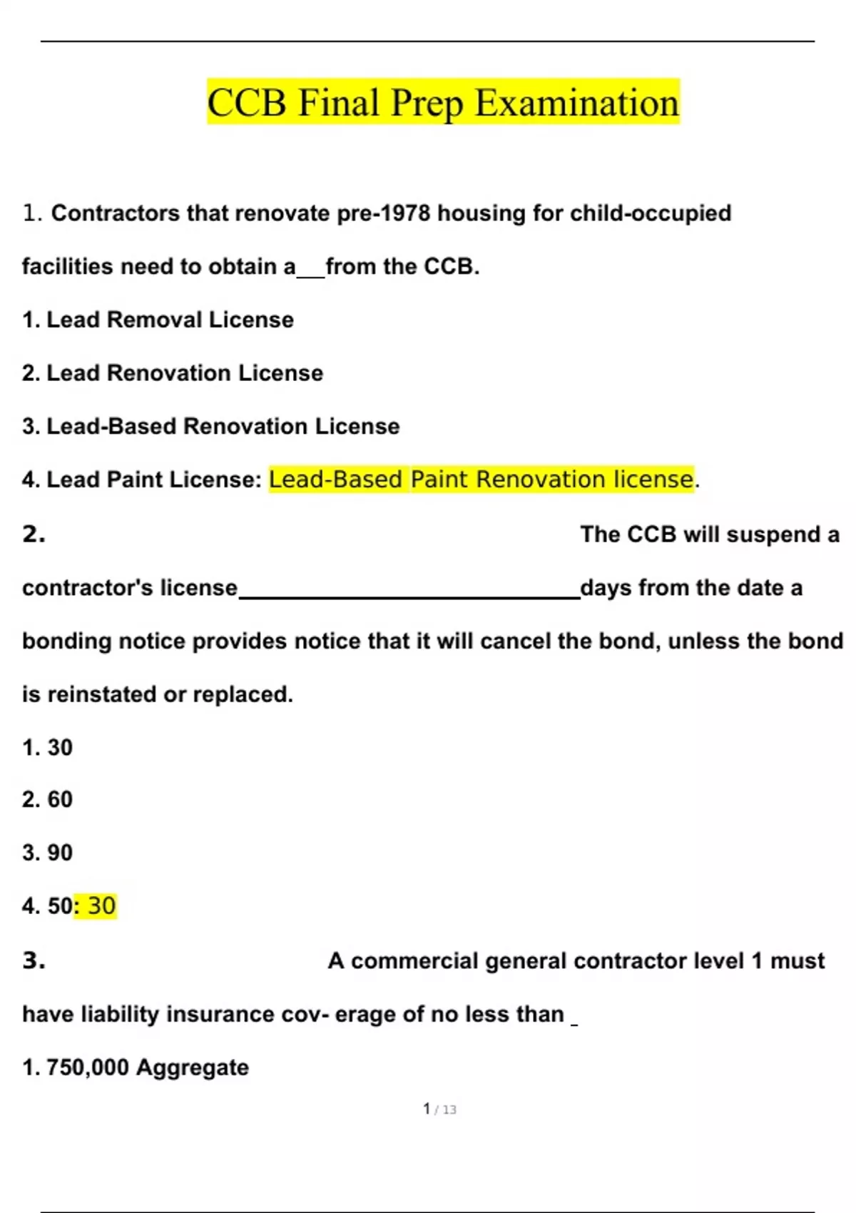 CCB Final Prep Examination Questions and Answers (2024 / 2025 ...