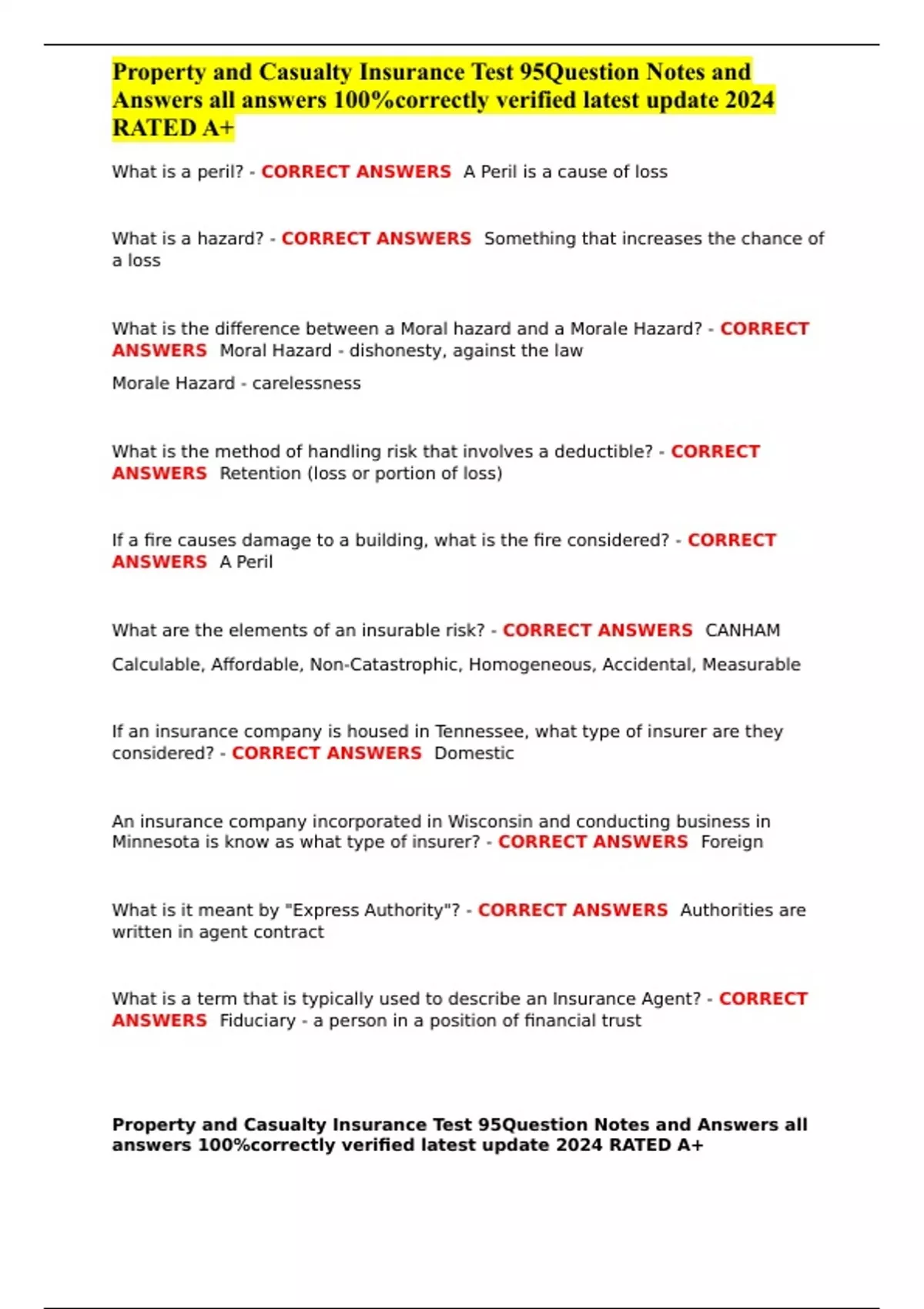 Property and Casualty Insurance Test 95Question Notes and Answers all ...