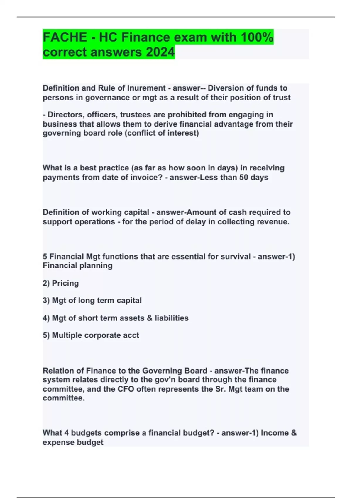 FACHE - HC Finance exam with 100% correct answers 2024 - FACHE - Stuvia US